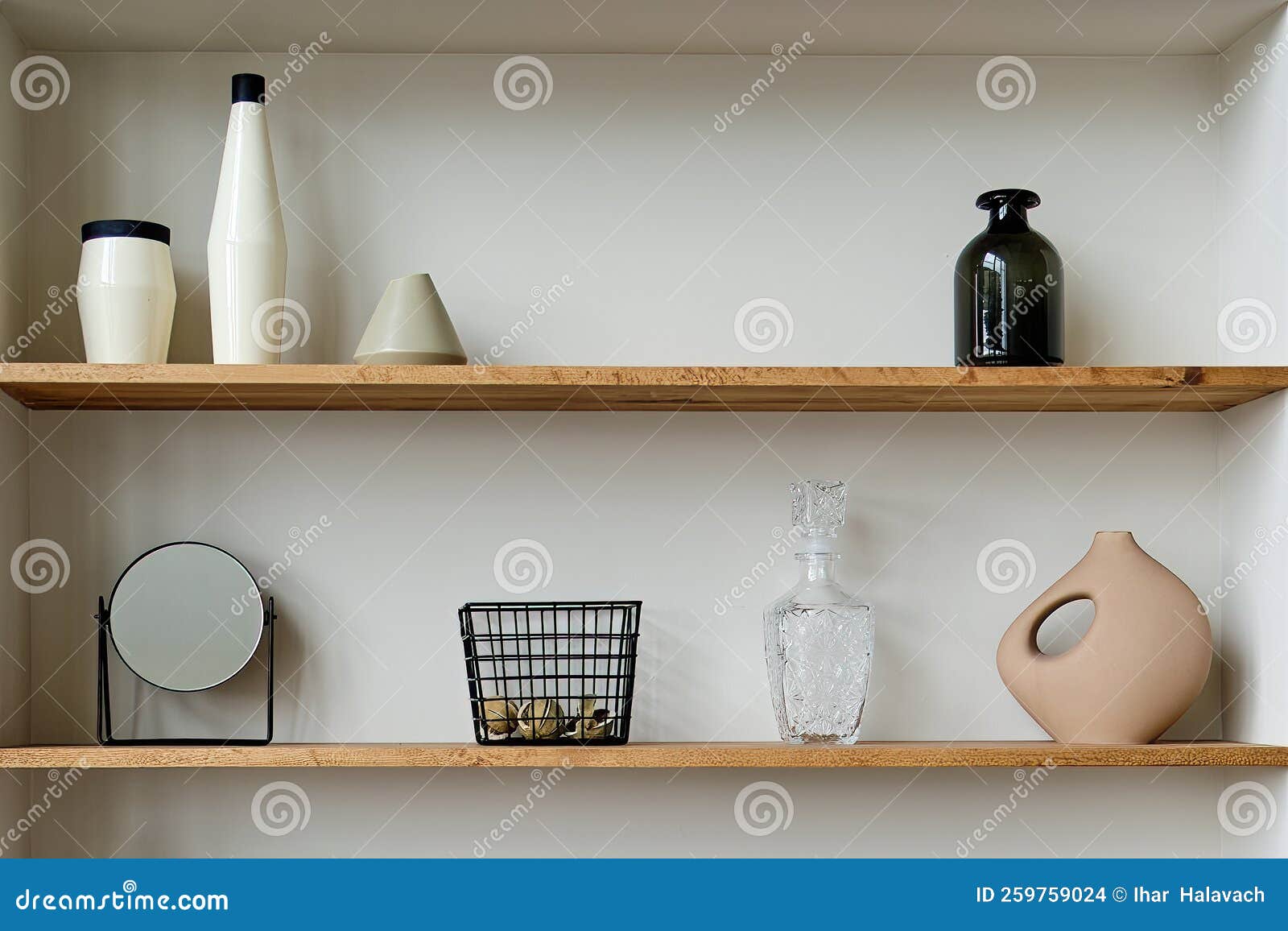 Two Wooden Shelves with Decorative Elements in the Interior Stock Photo ...