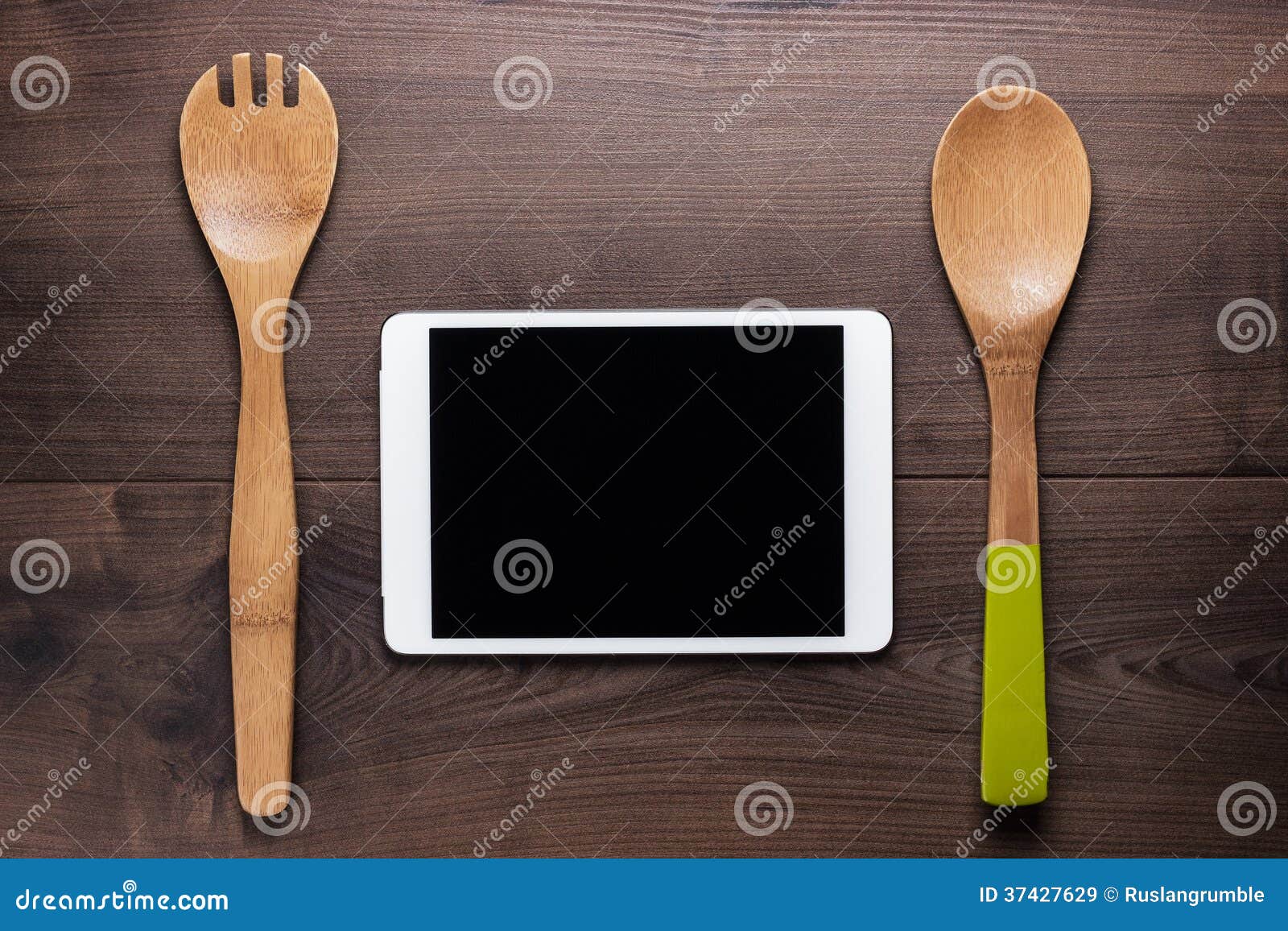 Two Wooden Spoons and Tablet Computer Stock Image - Image of food ...