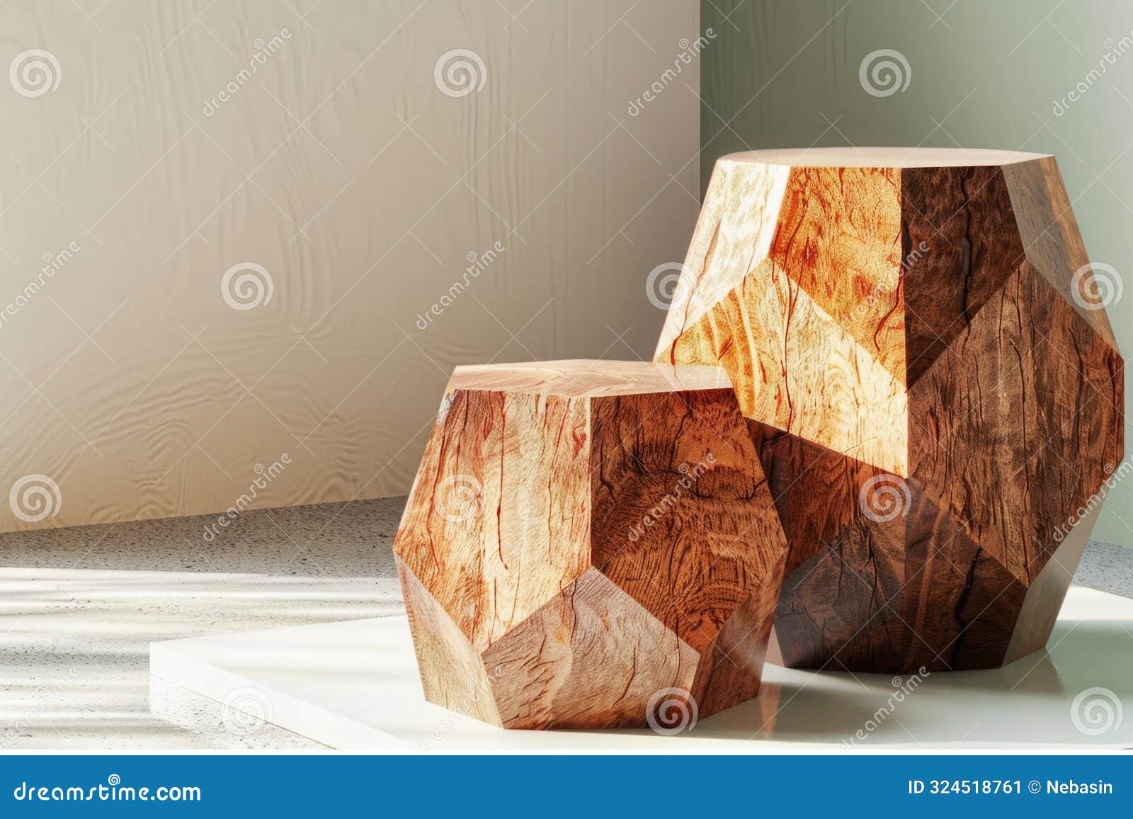 Two Wooden Stools, Shaped Like Geometric Figures, Sit on a White ...