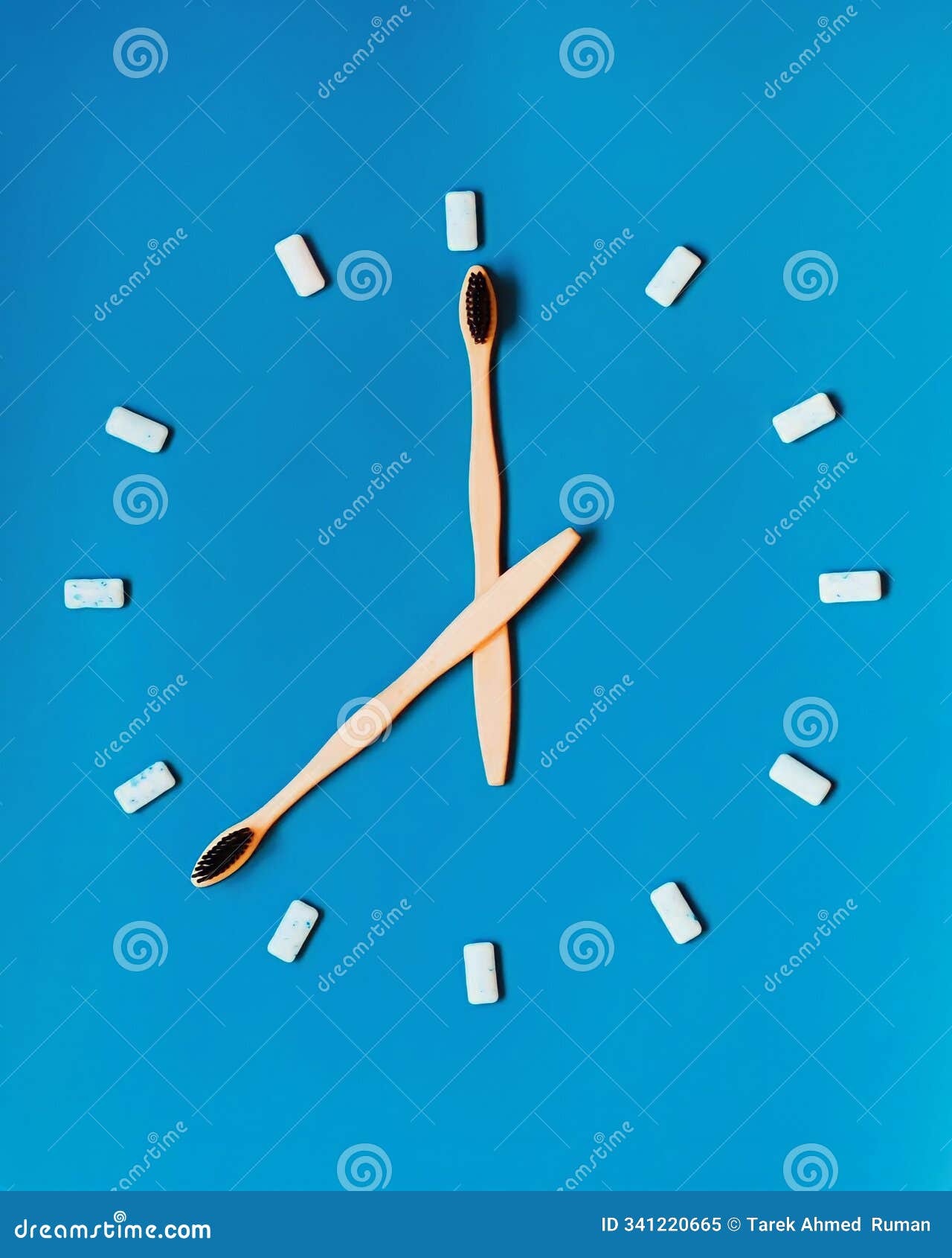 Two Wooden Toothbrushes Form the Hands of a Clock with White ...