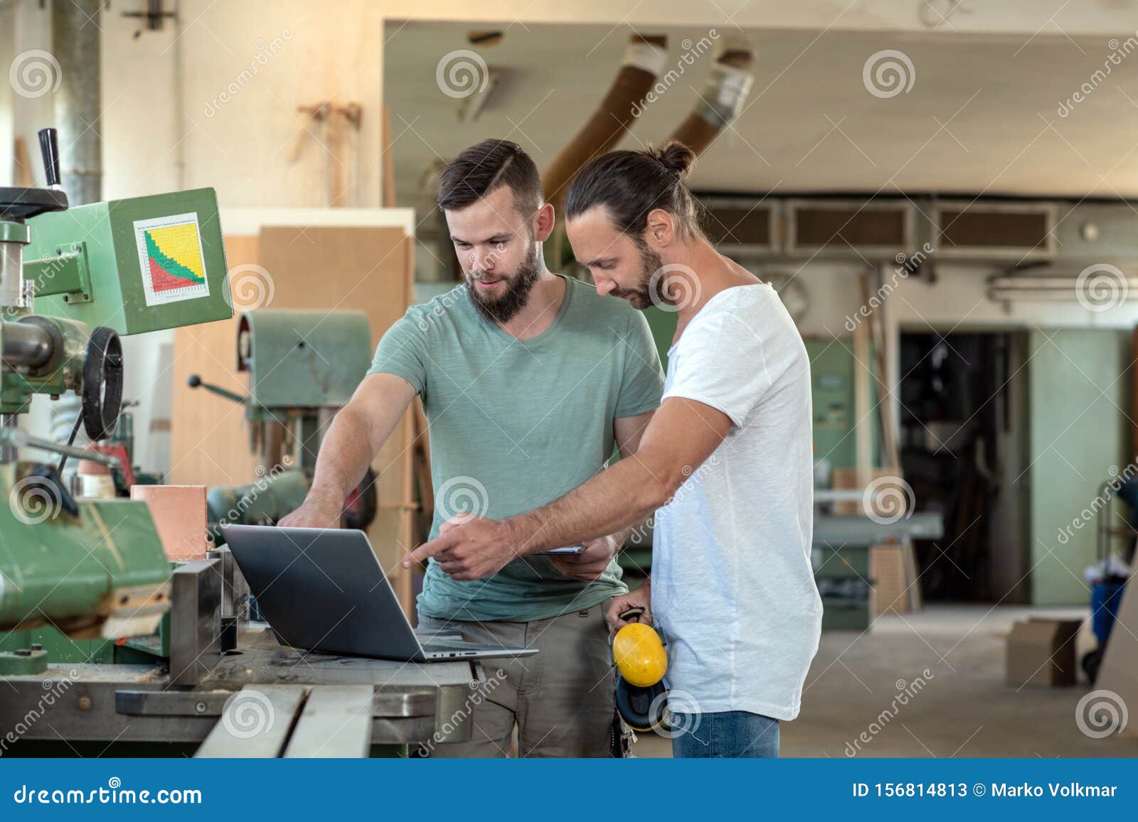 Two Worker in a Carpenter`s Workshop with Computer Stock Image - Image ...