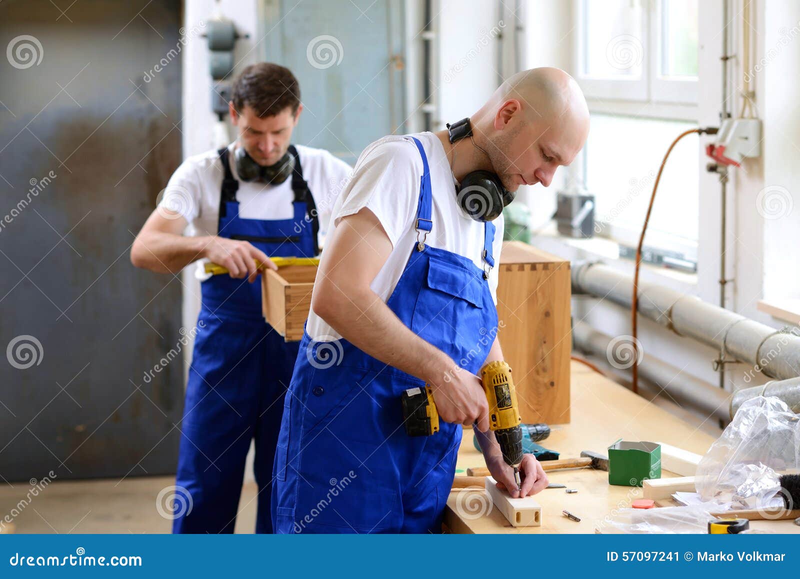 Two Worker in a Carpenter S Workshop Stock Image - Image of dungarees ...