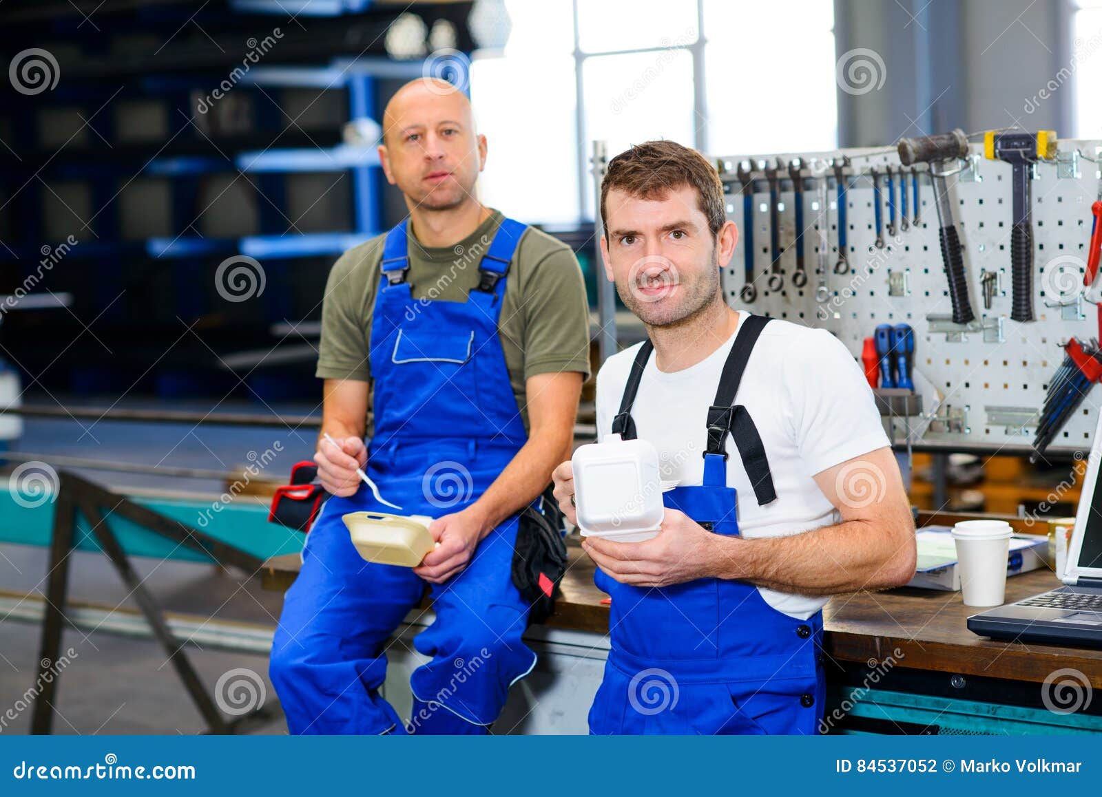 Two Worker in Factory Have a Break Stock Photo - Image of industry ...