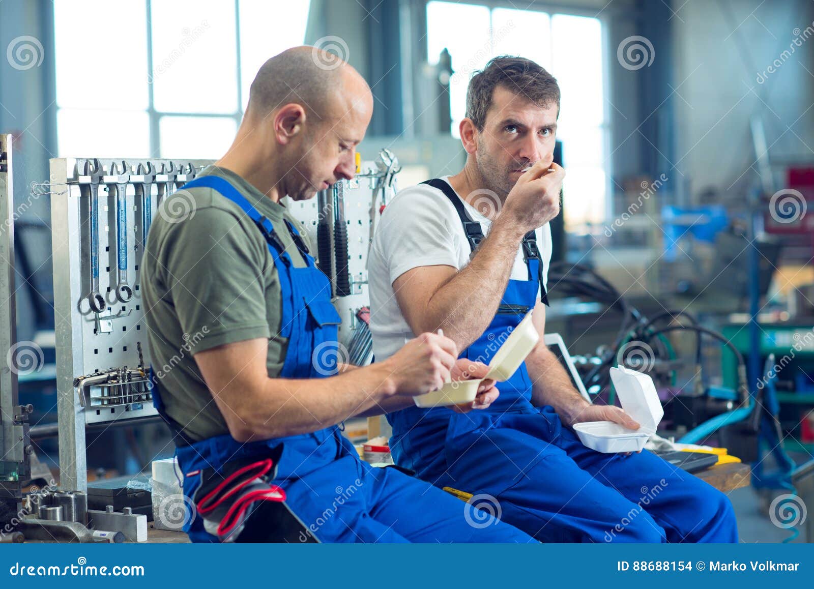 Two Worker in Factory Have a Break Stock Photo - Image of cheerful ...