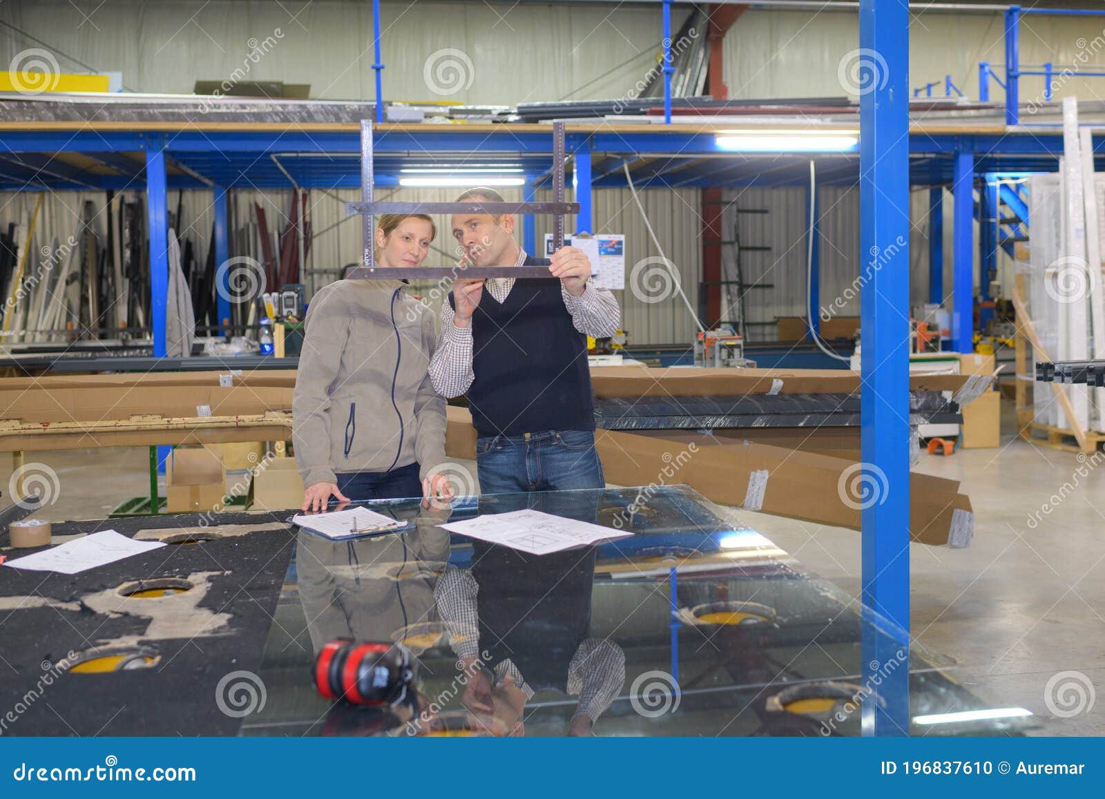 Two Worker in Factory on Work Bench Stock Photo - Image of teamwork ...