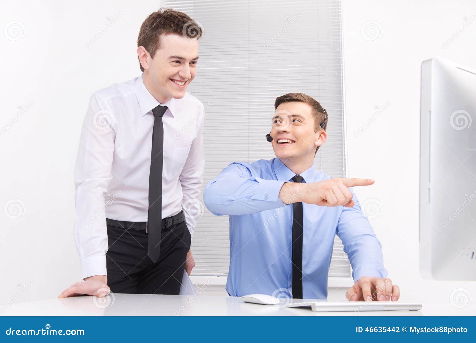 Two Workers in Call Center Having Fun. Stock Photo - Image of monitor ...