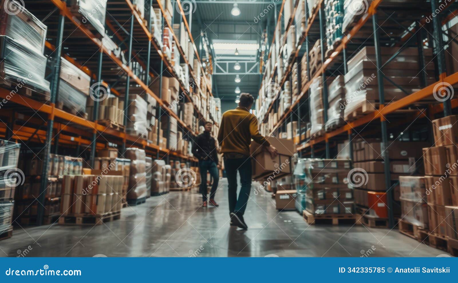 Two Workers Carry Boxes and Navigate Aisles in a Bustling Warehouse ...