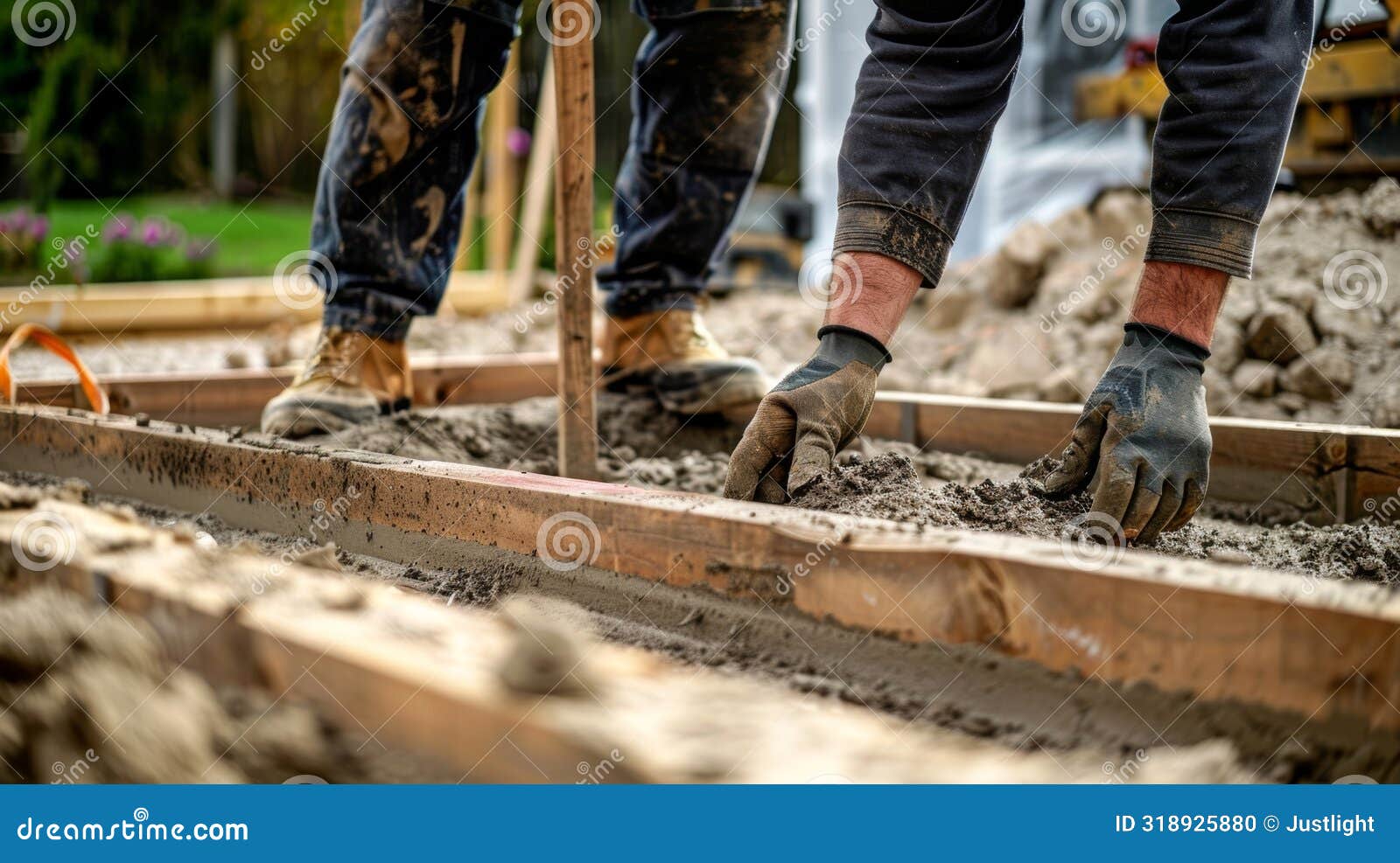 Two Workers Collaborating on Building a Foundation Discussing Plans and ...