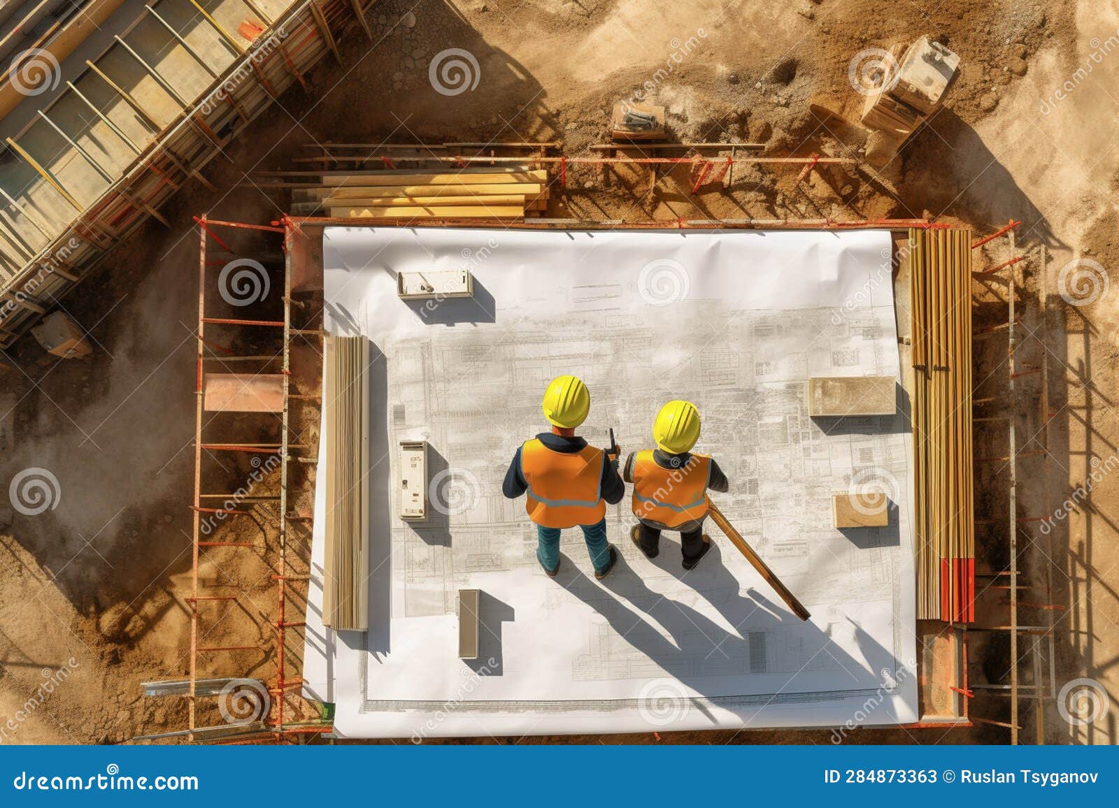Two Workers at the Construction Site are Discussing the Construction of ...