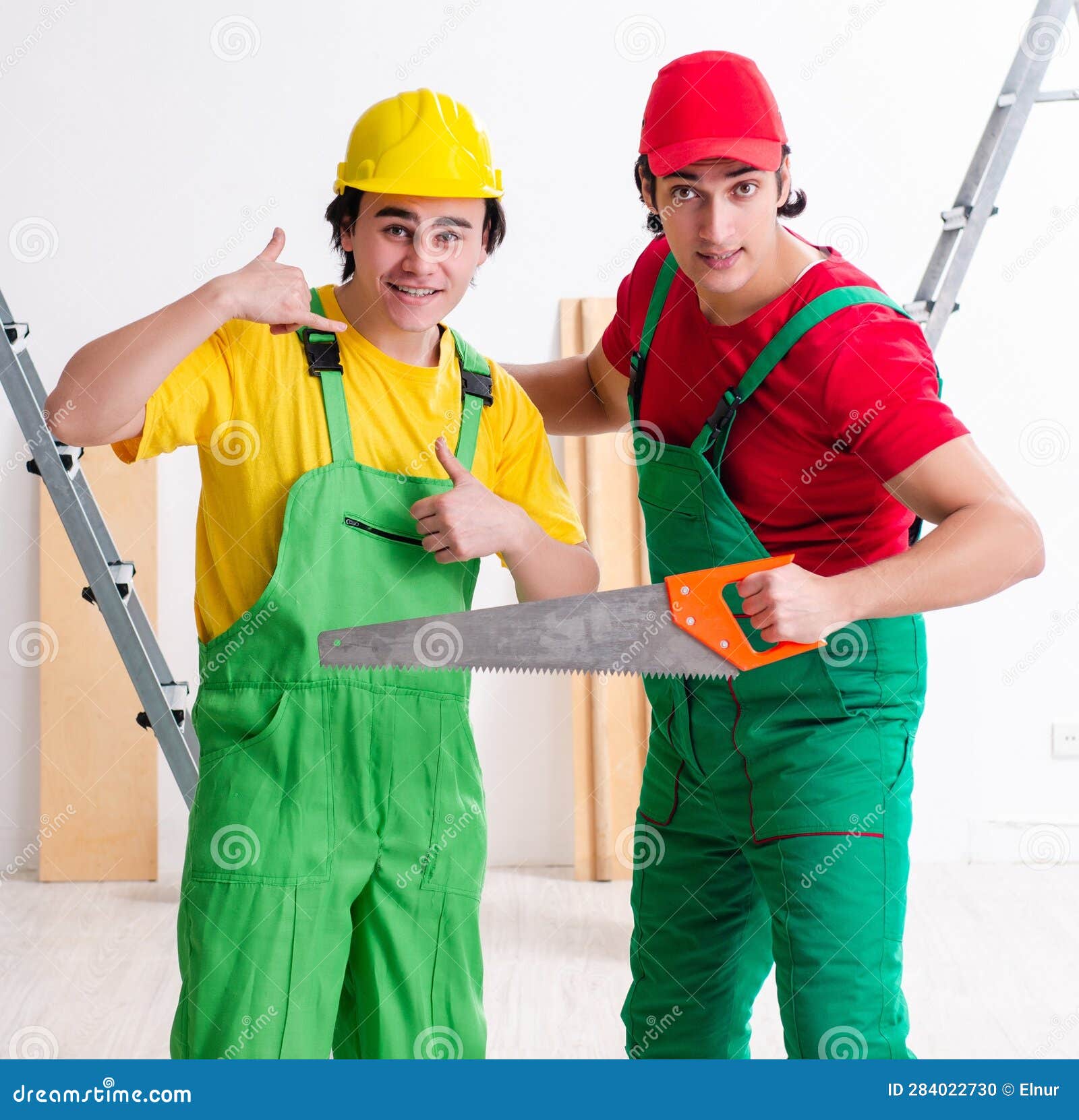 Two Workers Contractors Working Indoors Stock Photo - Image of cutting ...