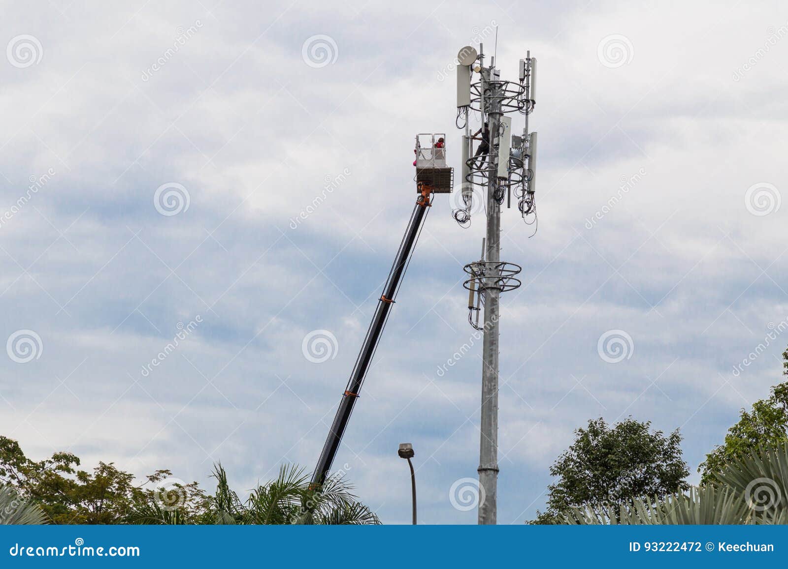 Two Workers on Crane Installing Mobile Network Communication Ant Stock ...