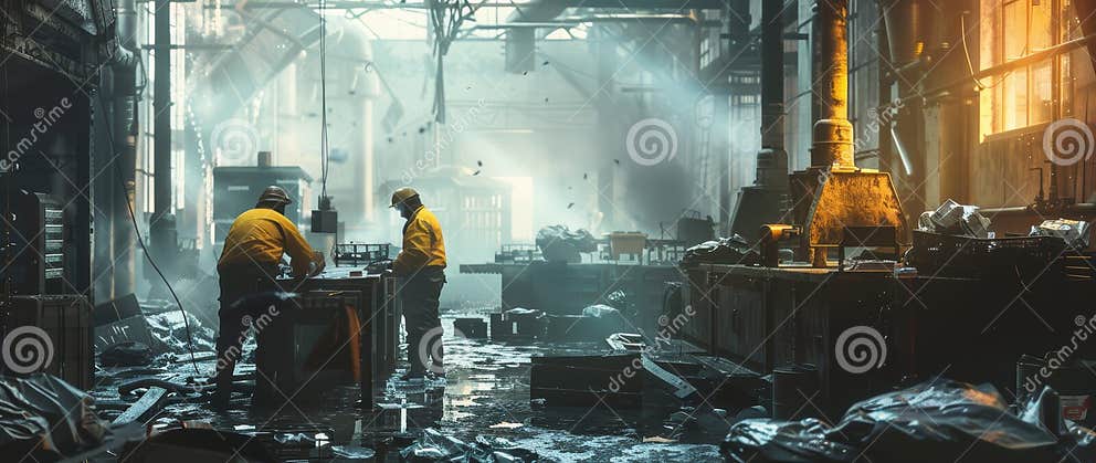 Two Workers in a Desolate Factory. Created by Generative Artificial ...