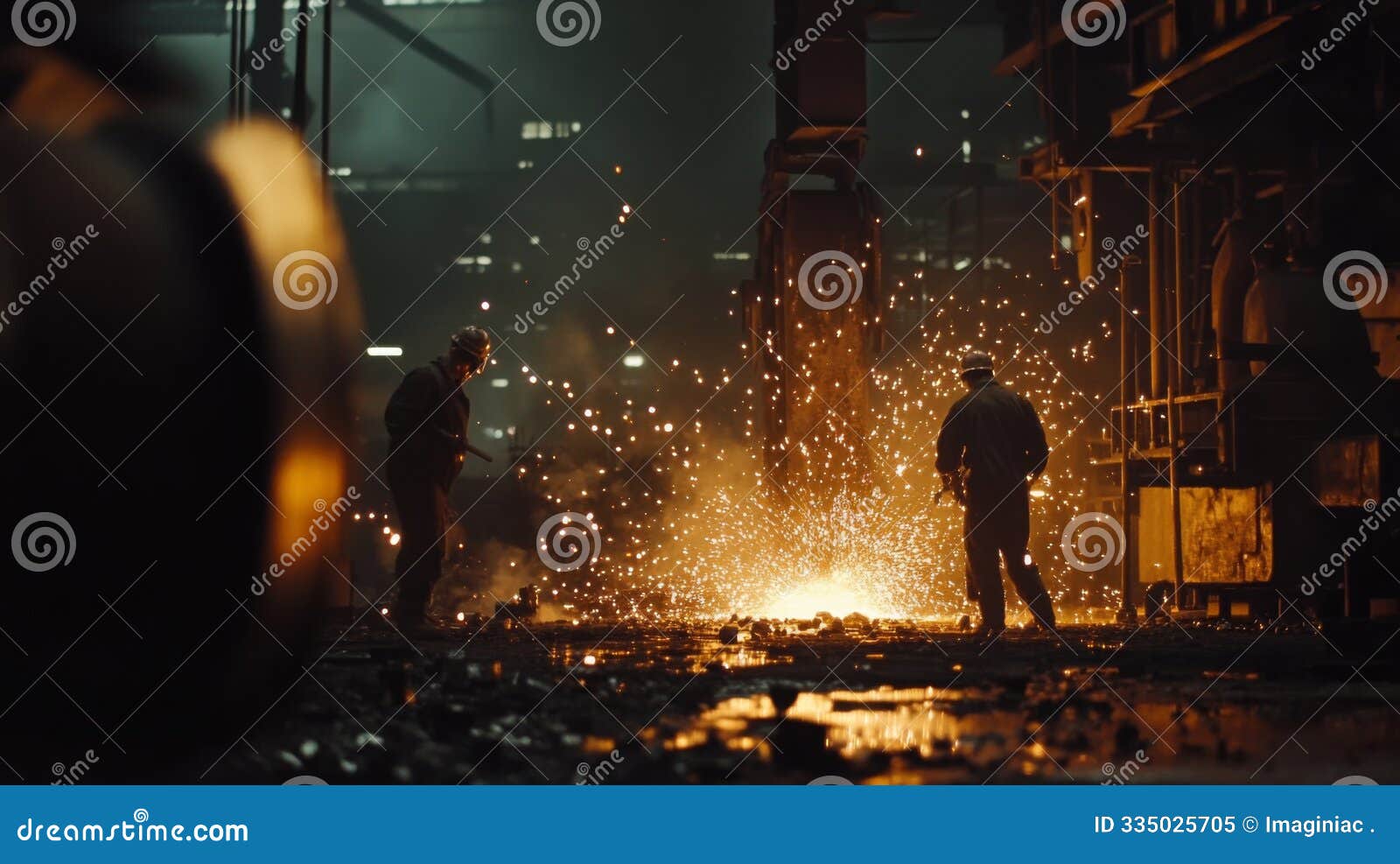 Two Workers in a Factory Setting, One Facing a Large Metal Object with ...
