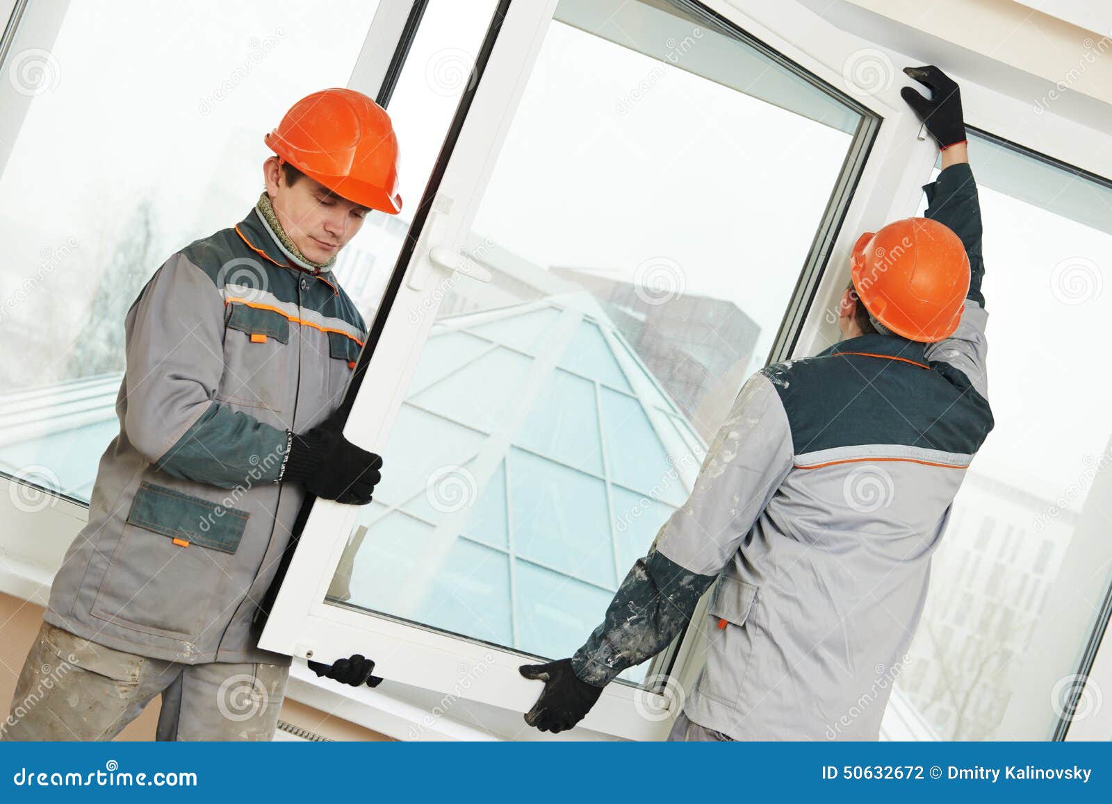 Two Workers Installing Window Stock Photo - Image of handle, person ...