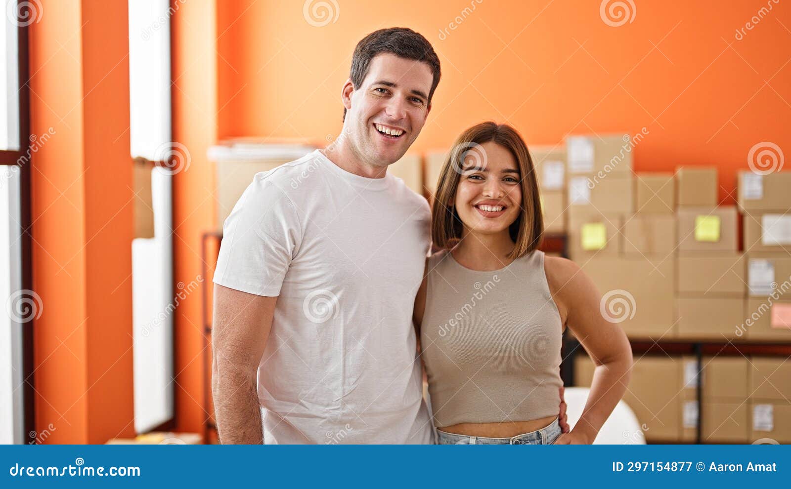 Two Workers Man and Woman Standing Together Smiling at Office Stock ...