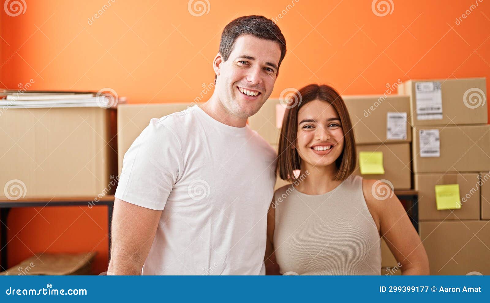 Two Workers Man and Woman Standing Together Smiling at Office Stock ...