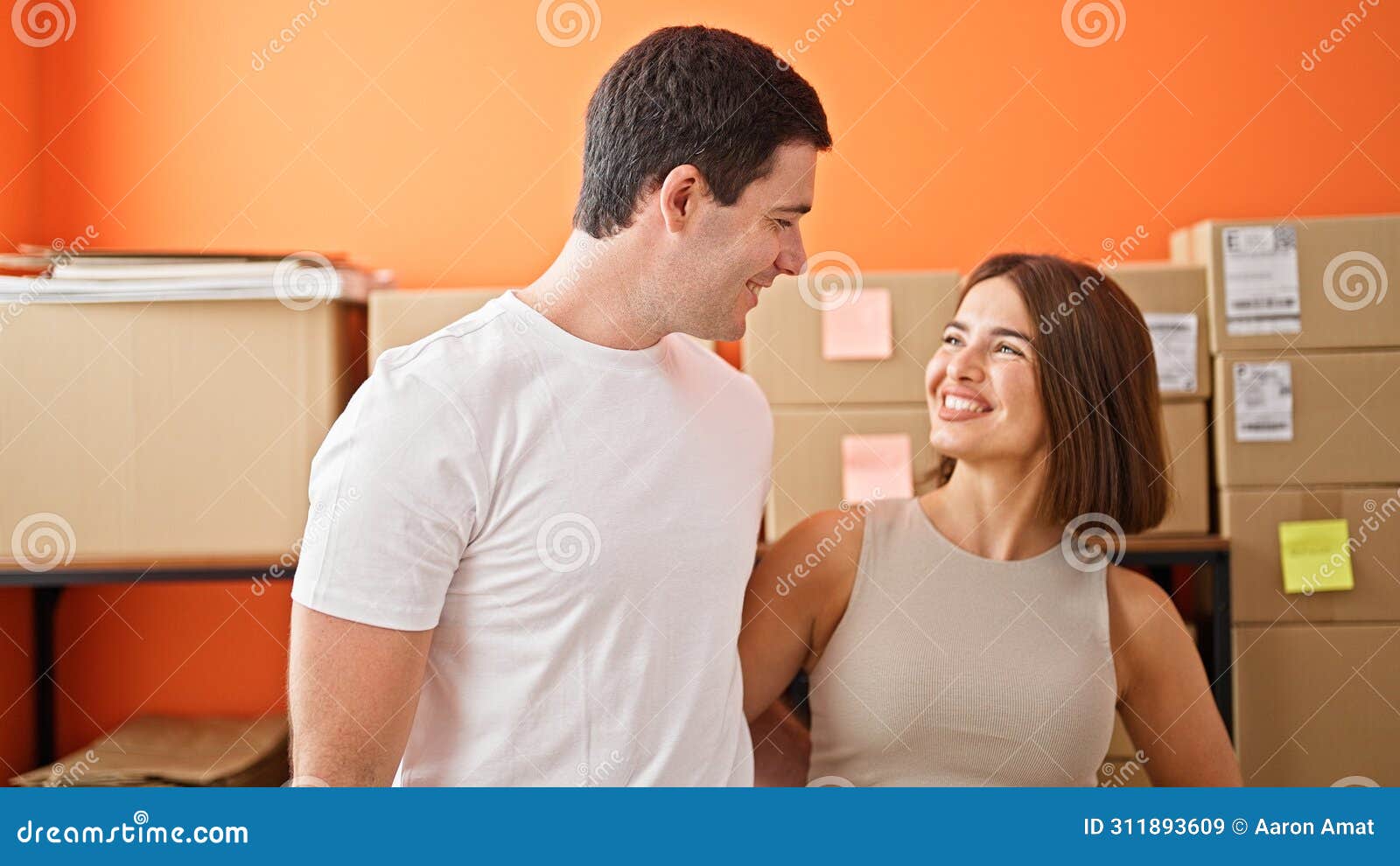 Two Workers Man and Woman Standing Together Smiling at Office Stock ...