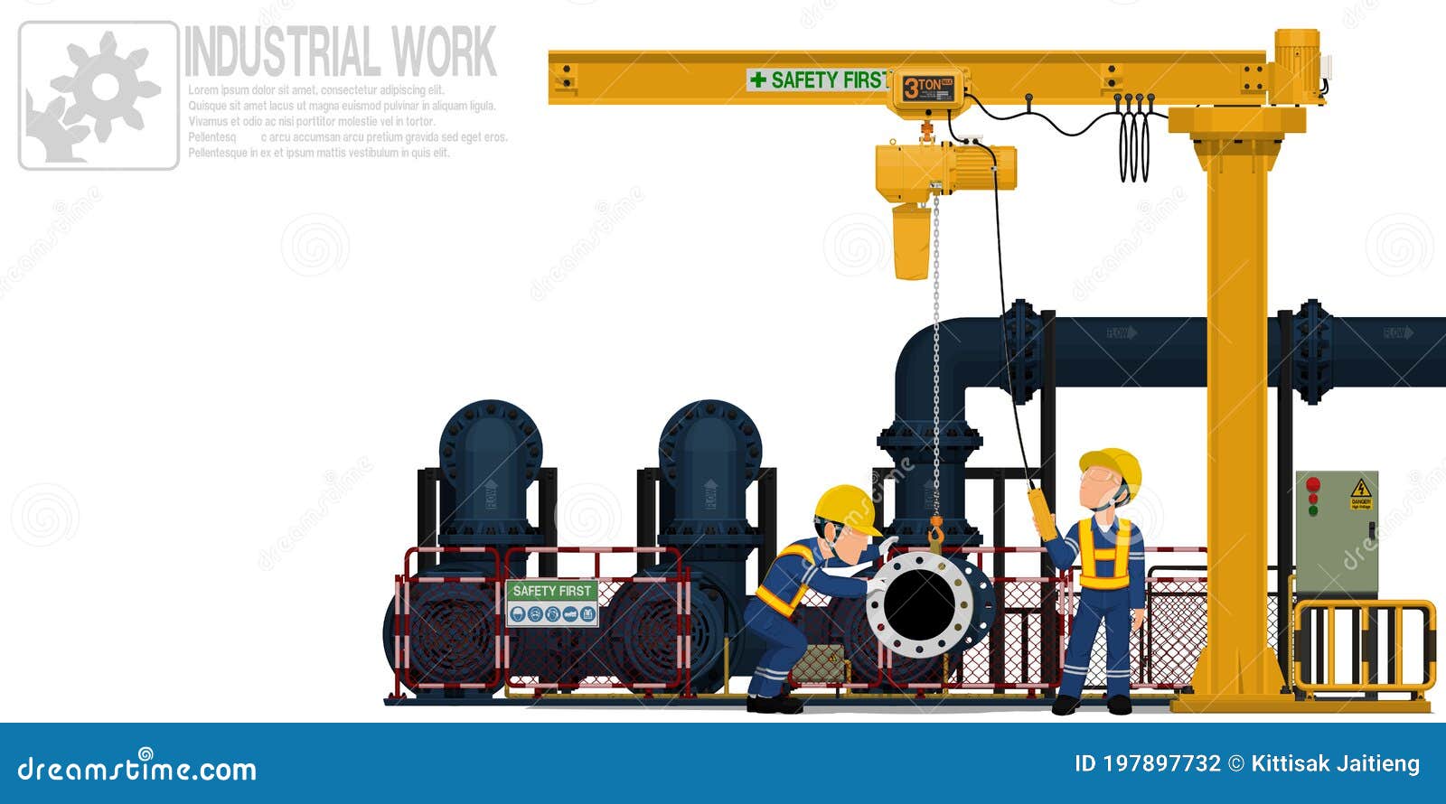 Two Workers Are Operating Jib Crane For Maintenance Pump System Vector ...