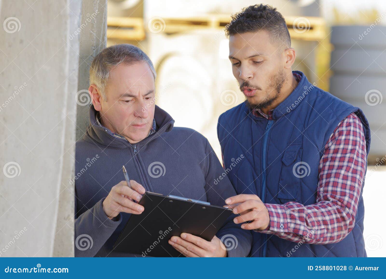 Two Workers Outside Factory Stock Photo - Image of checklist, manager ...