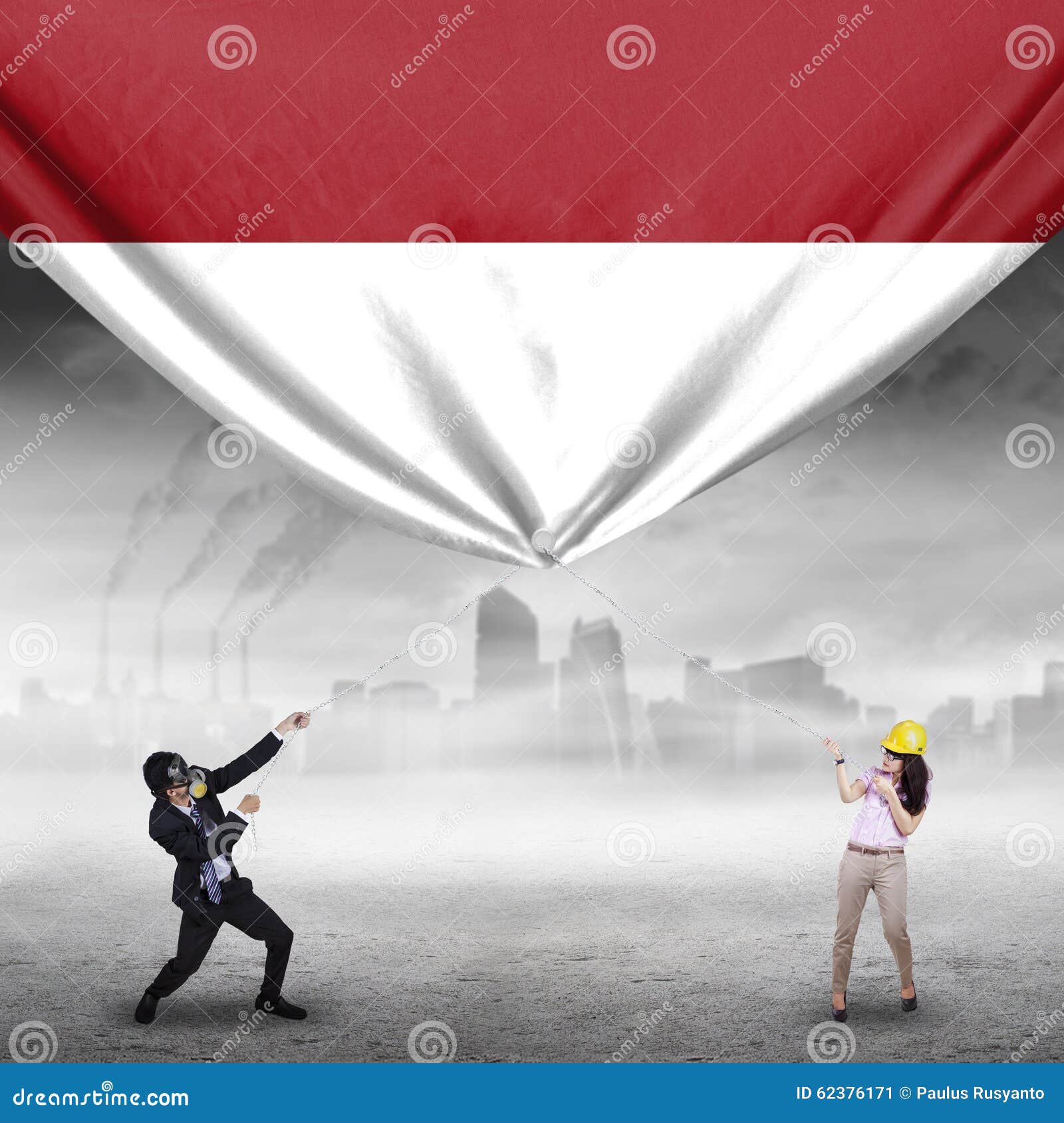 Two Workers Pulling Indonesian Flag Royalty-Free Stock Photo ...
