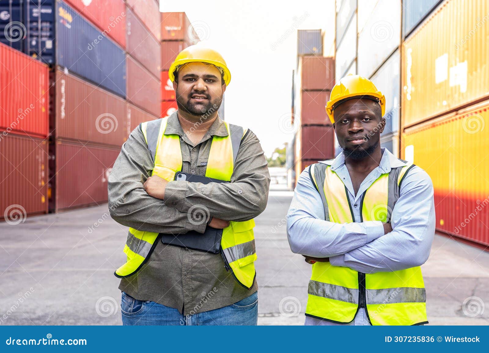 Two Workers in Safety Helmets Standing in a Busy Freight Yard. Stock ...