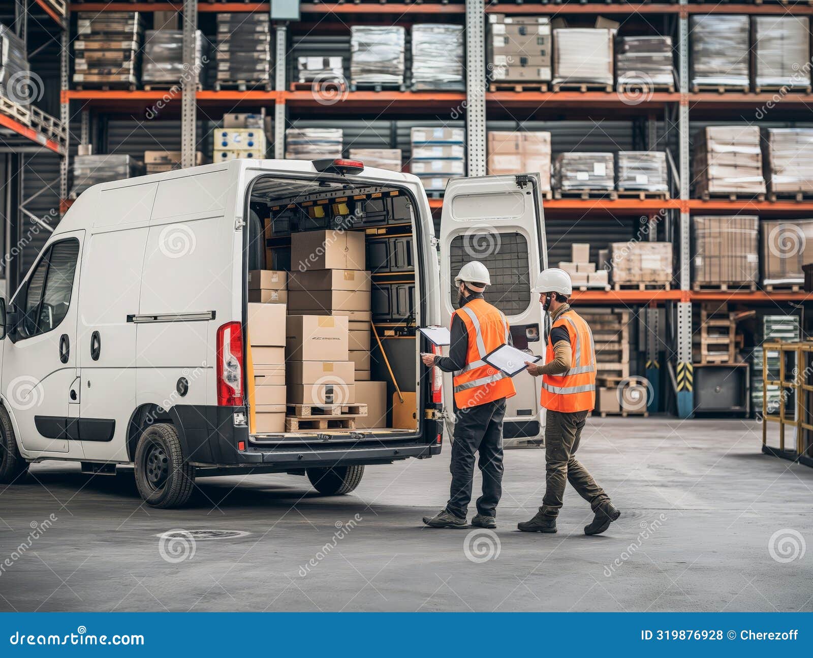Workers Loading Delivery Van in Warehouse Stock Illustration ...