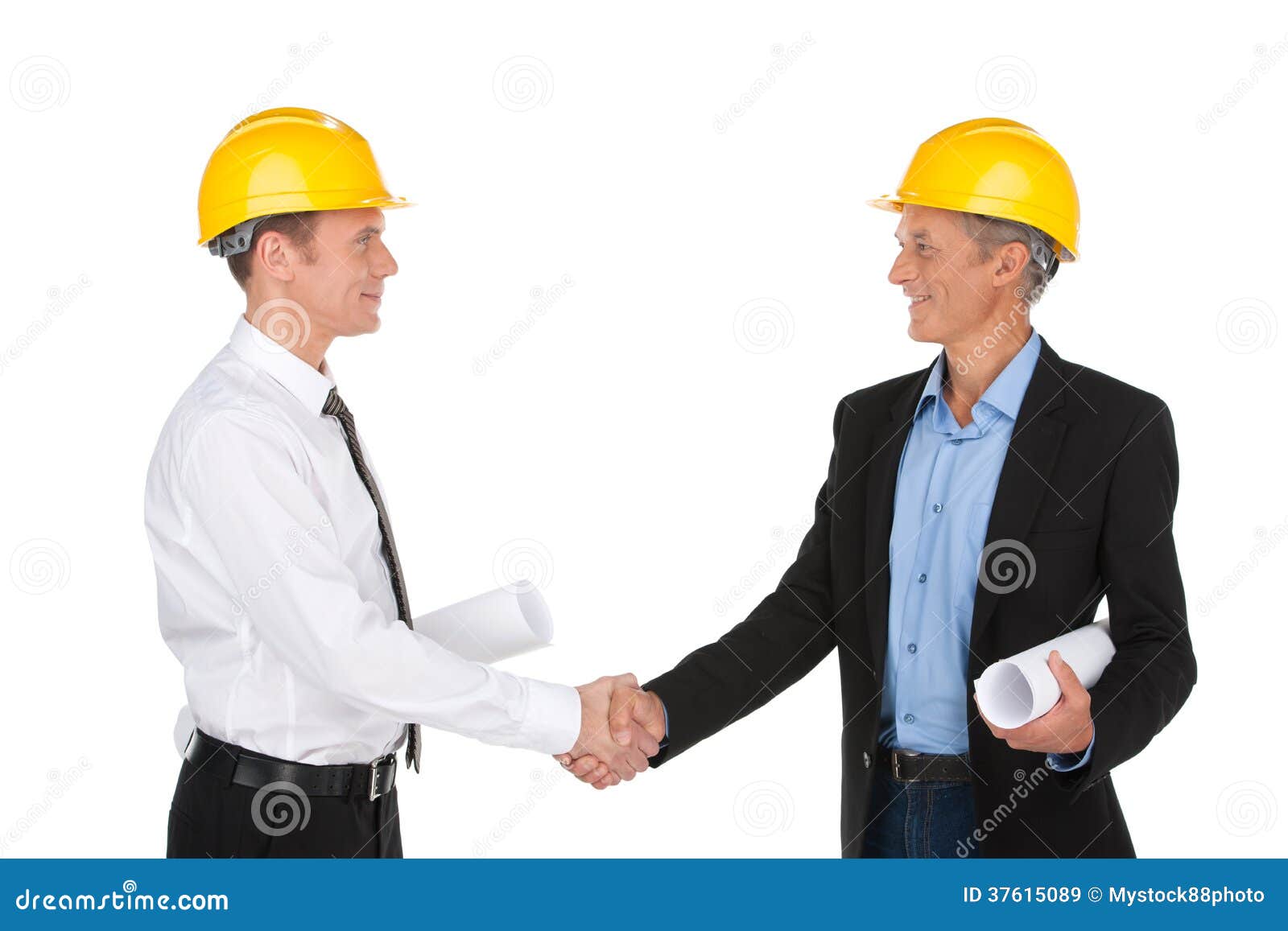 Two Workers Shaking Hands and Smiling. Stock Image - Image of ...
