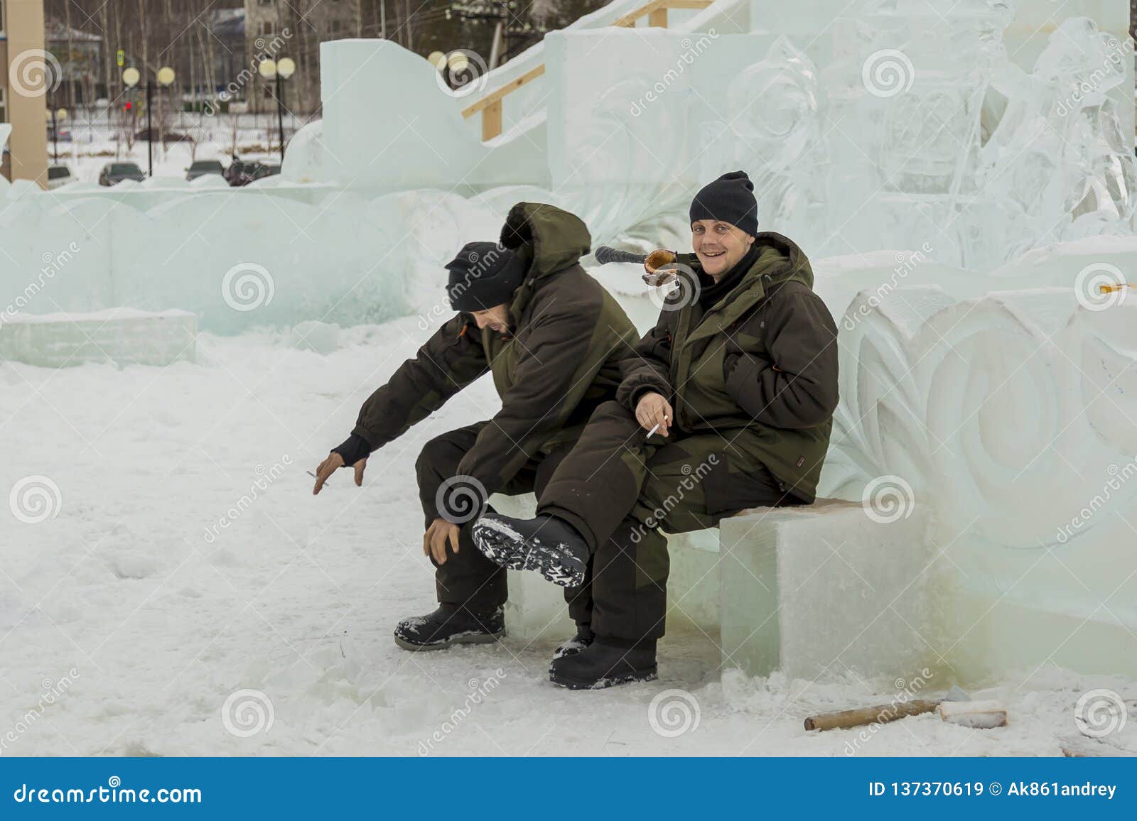 Two Workers at the Site of the Ice Camp Stock Image - Image of outdoors ...