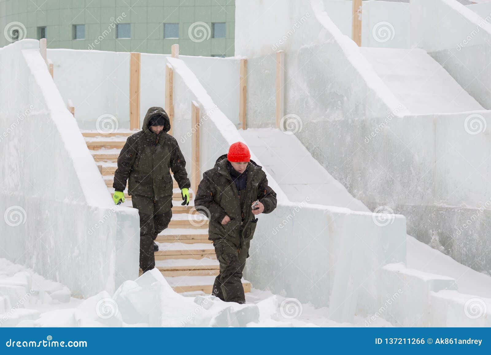 Two Workers at the Site of the Ice Camp Stock Photo - Image of ...