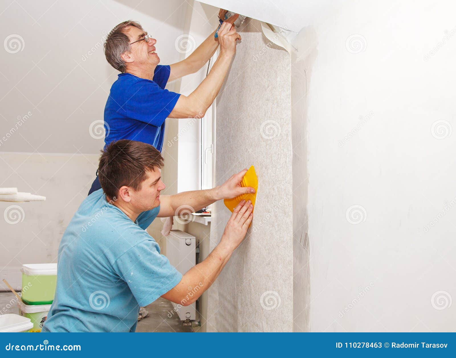 Two Workers Smoothing Wallpaper Stock Image - Image of elderly, pattern ...