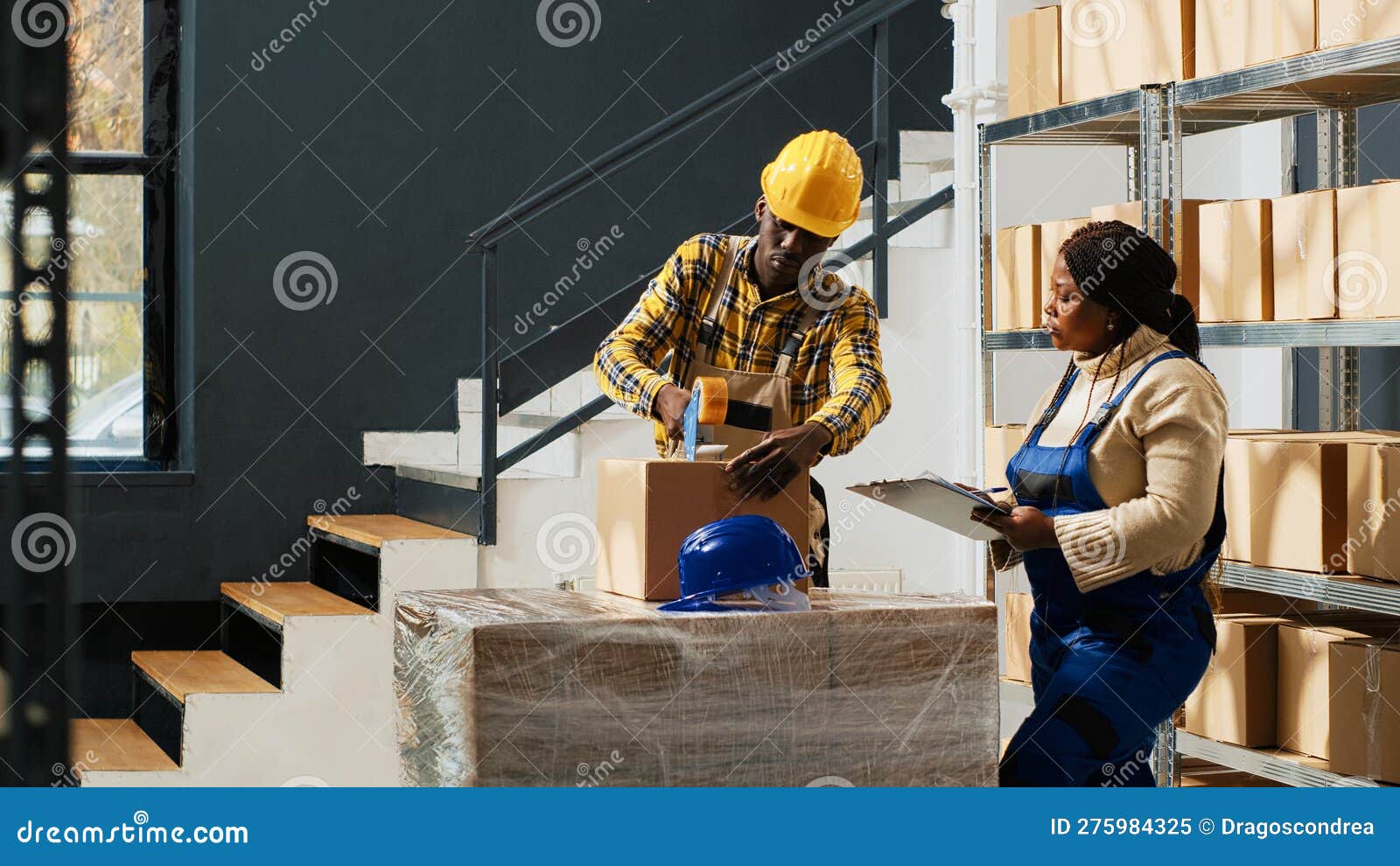 Two Workers Stacking Boxes and Working on Logistics Stock Image - Image ...