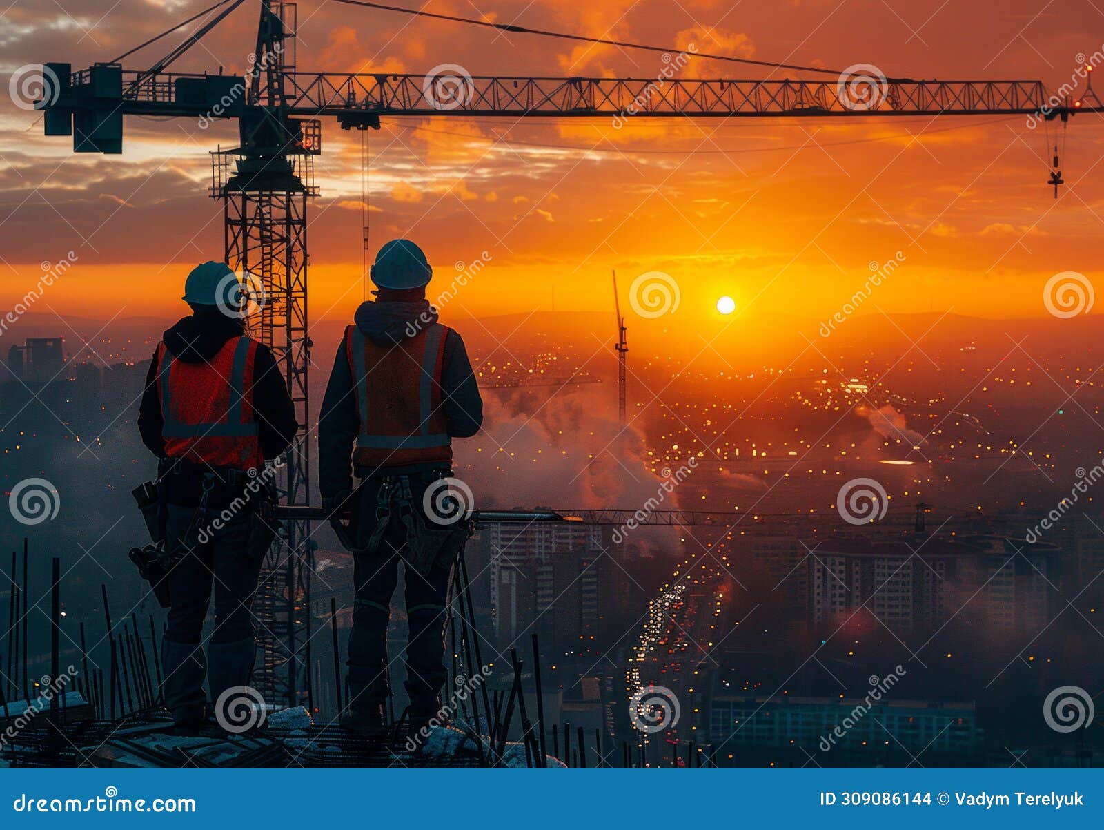 Two Workers Stand on the Roof of Skyscraper at Sunset. Stock Photo ...