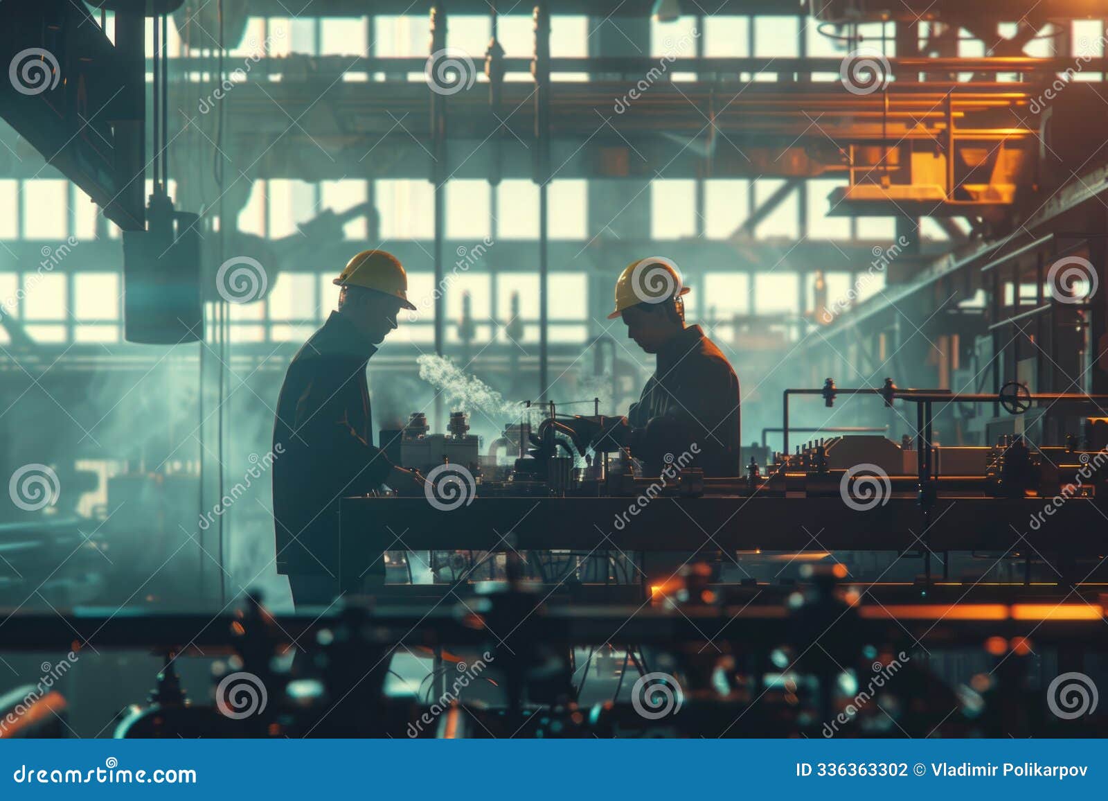 Two Workers Standing Side by Side in a Factory Setting, with Machinery ...