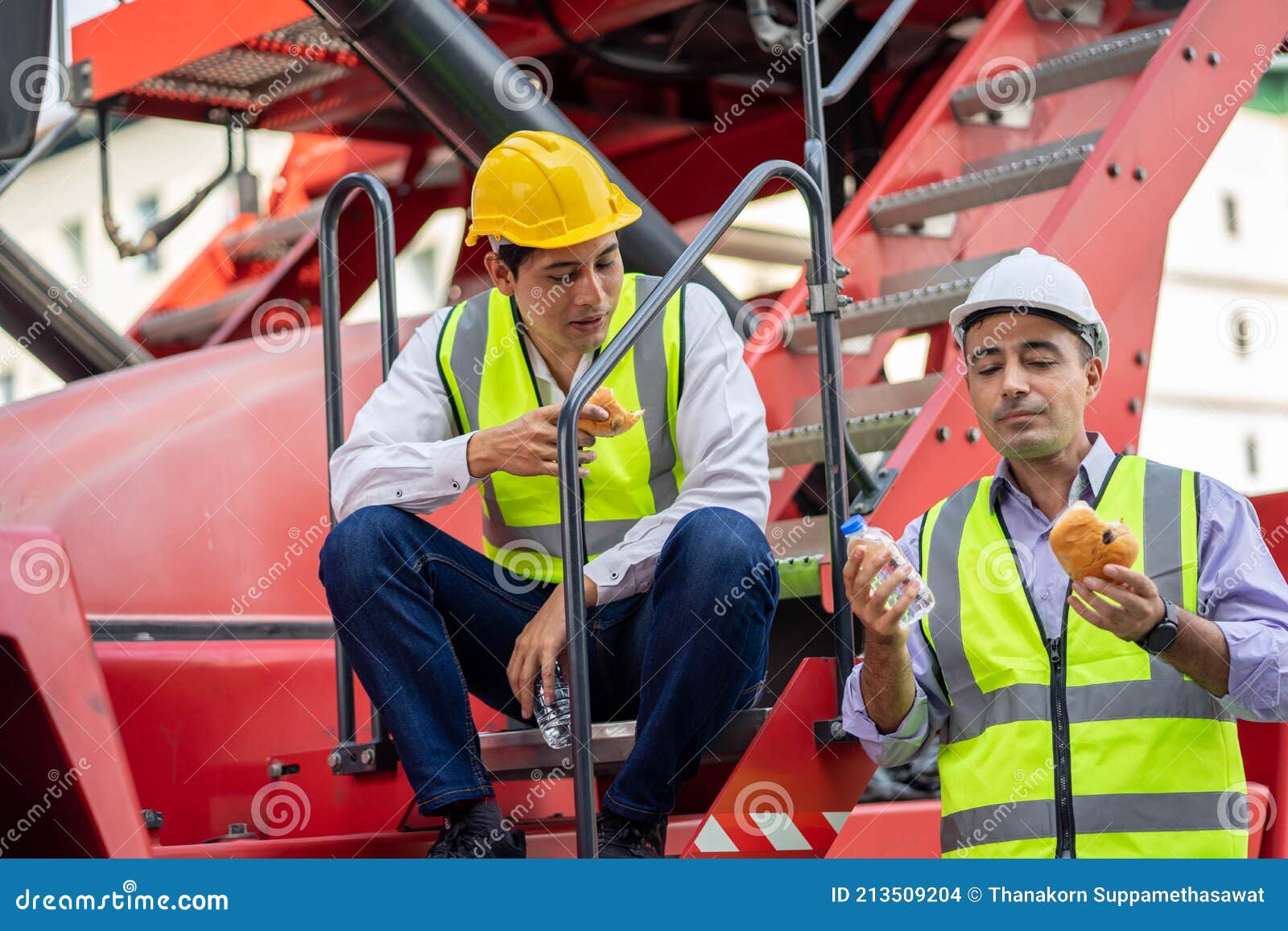 Two Workers Talking on Lunch Break at Warehouse Environment and ...