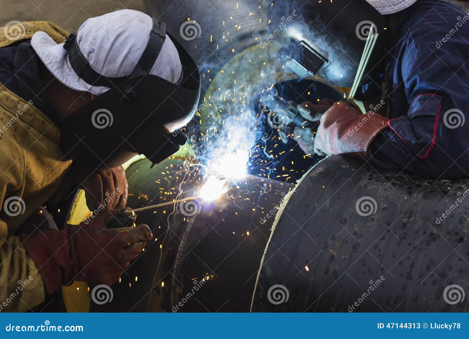 Two Workers Together Welding Big Tube Stock Image - Image of iron ...