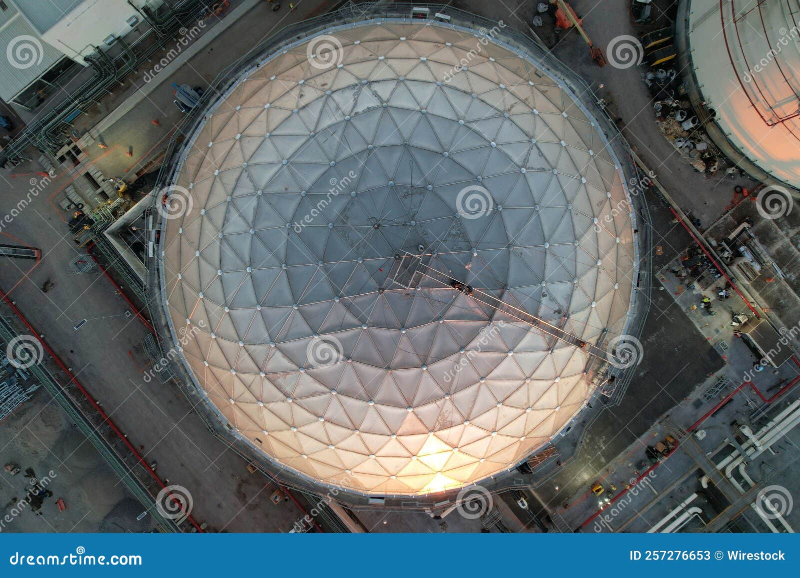 Workers on Top of a Sphere Dome Building Near a Coast Stock Image ...