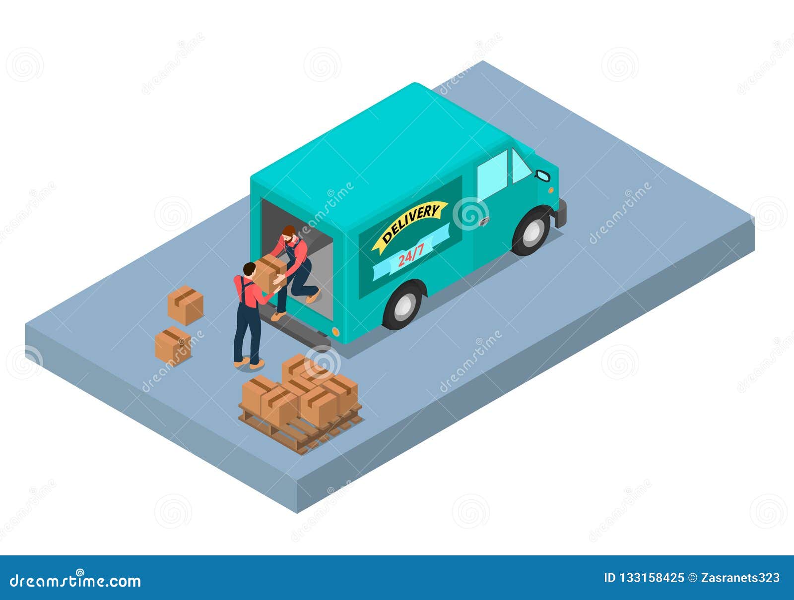 Two Workers Unload the Van. Stock Vector - Illustration of isometric ...