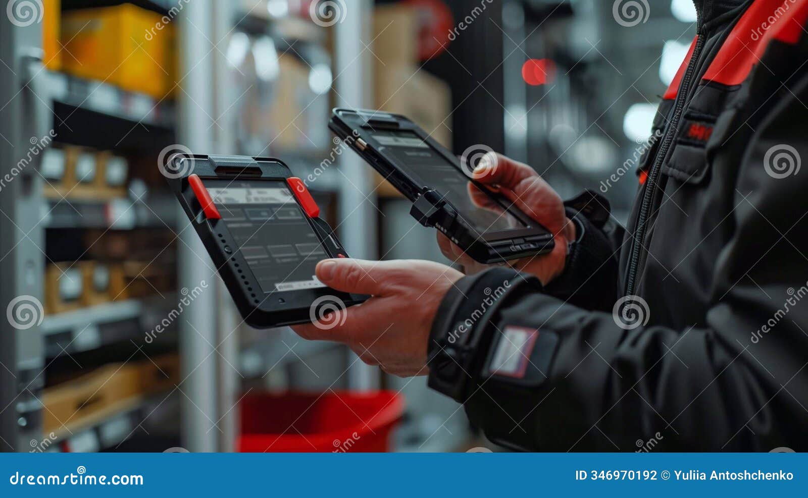 Two Workers are Using Mobile Devices To Compare Data during a Warehouse ...