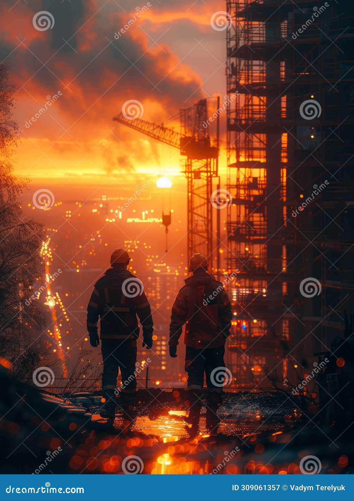 Two Workers are Walking on the Top of the Building Construction Site at ...