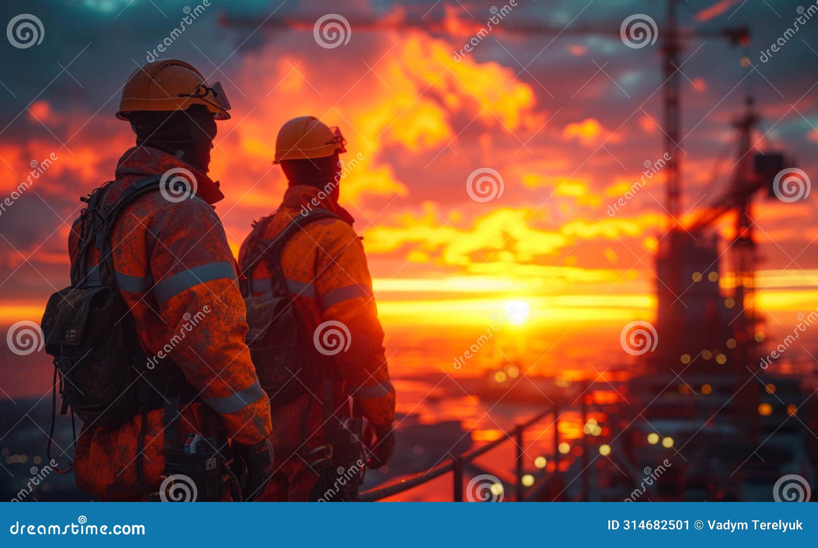 Two Workers Watching the Sunset Over Construction Site Stock Image ...