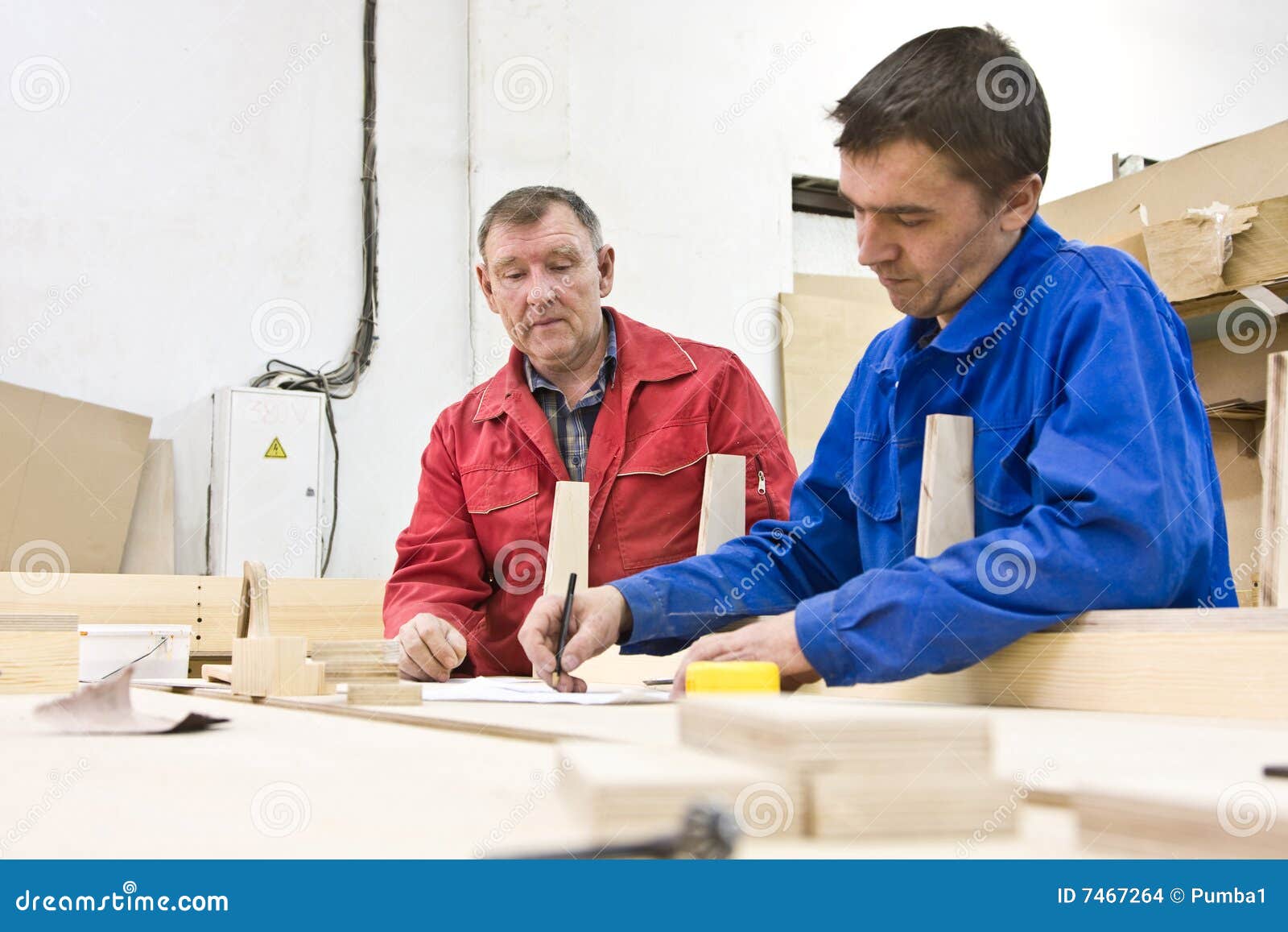 Two Workers at a Wooden Workbench Stock Photo - Image of learn, tree ...