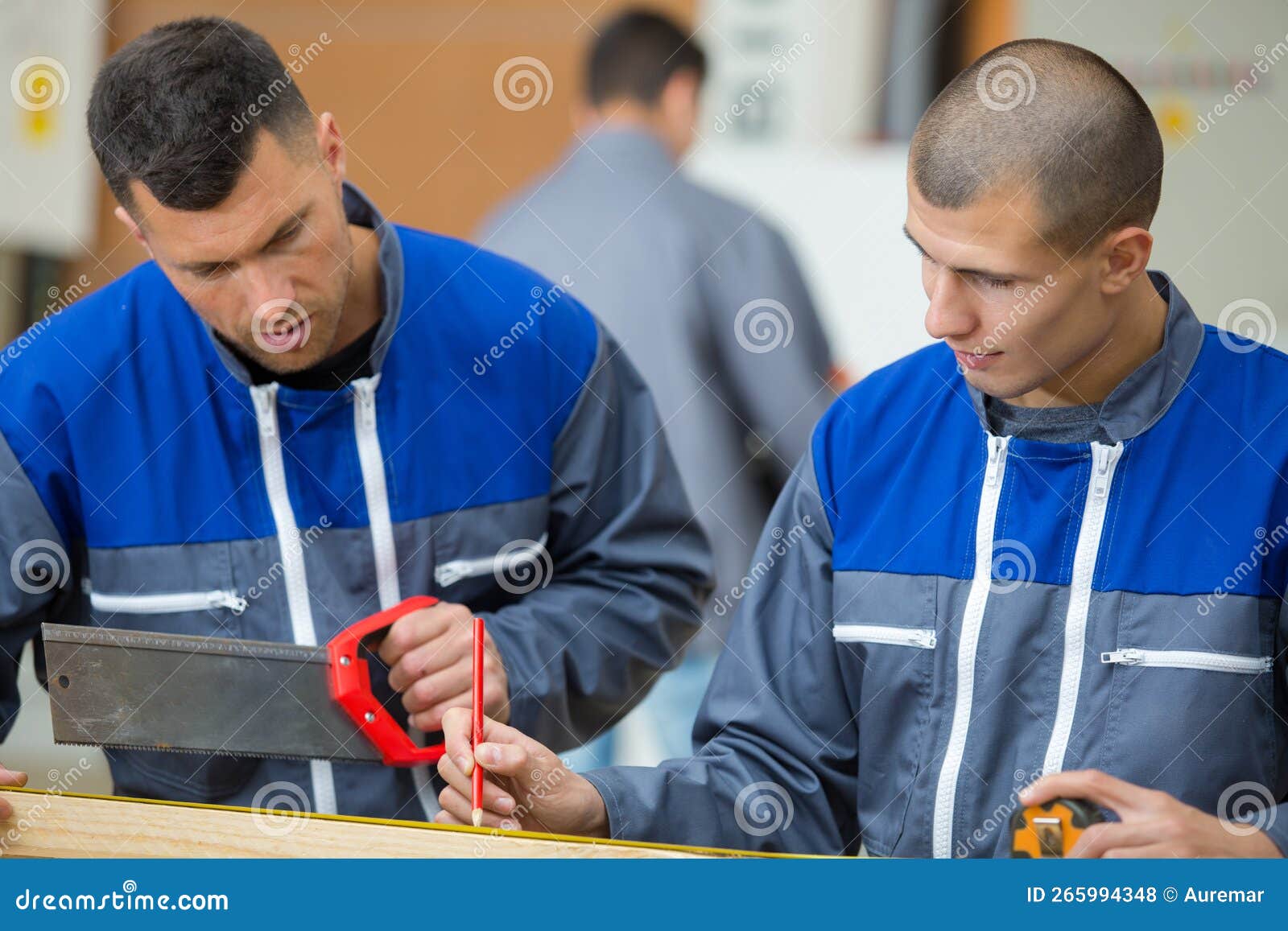 Two workers in woodshop stock photo. Image of white - 265994348
