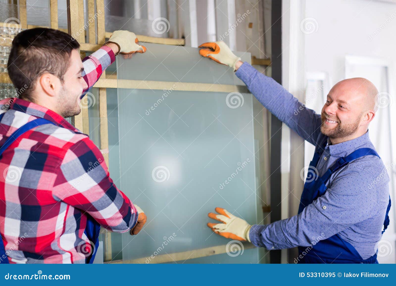 Two Workers Working with Glass Stock Image - Image of aluminium ...