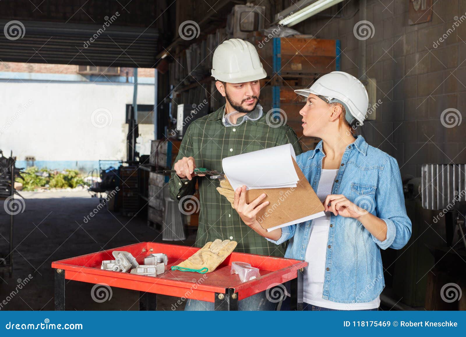 Two Workers in Workshop with Checklist Stock Image - Image of ...