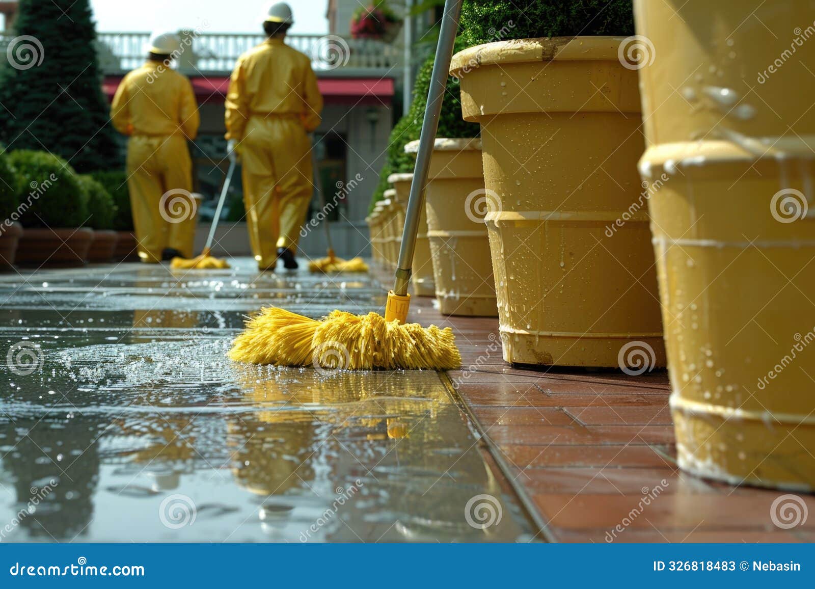 Two Workers in Yellow Uniforms Sweep a Wet, Paved Area Lined with ...