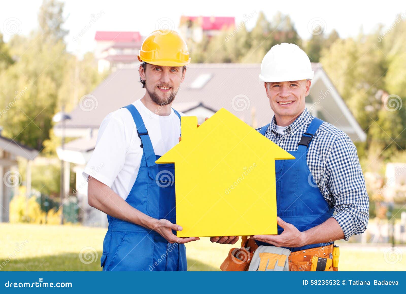 Two Workmen and House Symbol Stock Photo - Image of team, labor: 58235532