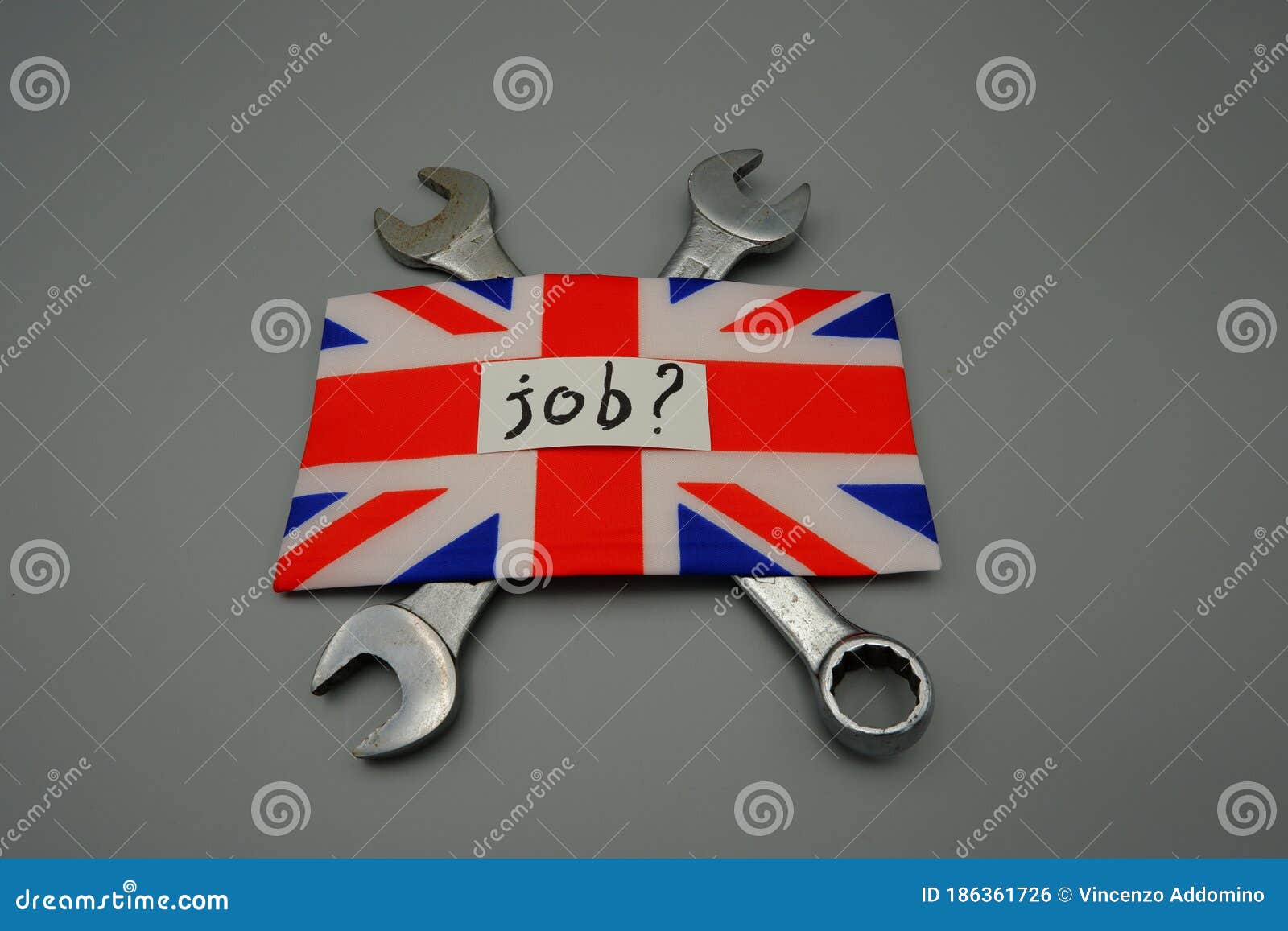 Two Wrenches with a British Flag,with Job Written and a Question Mark ...