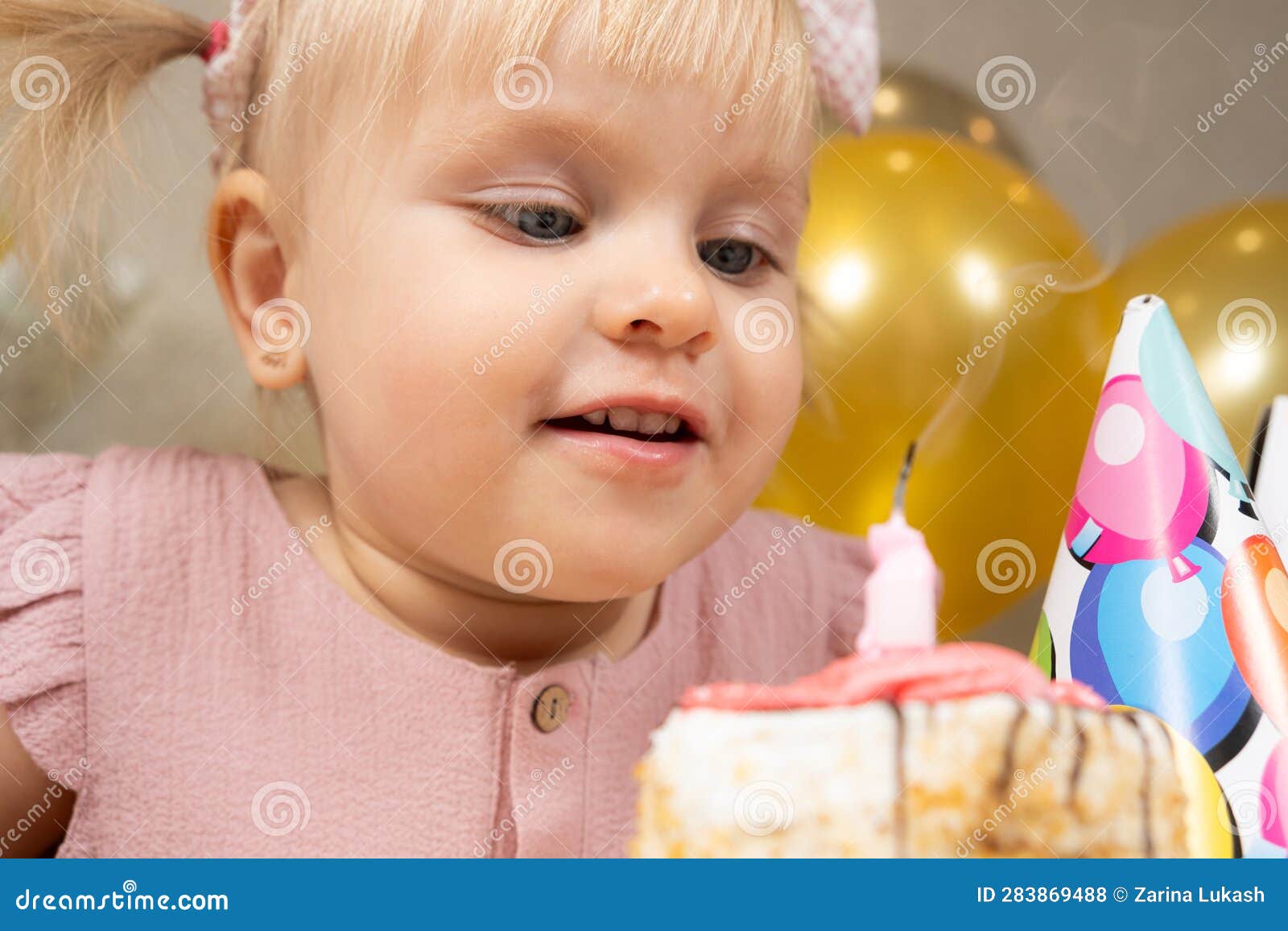 A Two Year Old Girl Blows Out A Candle On A Birthday Cake Makes A Wish