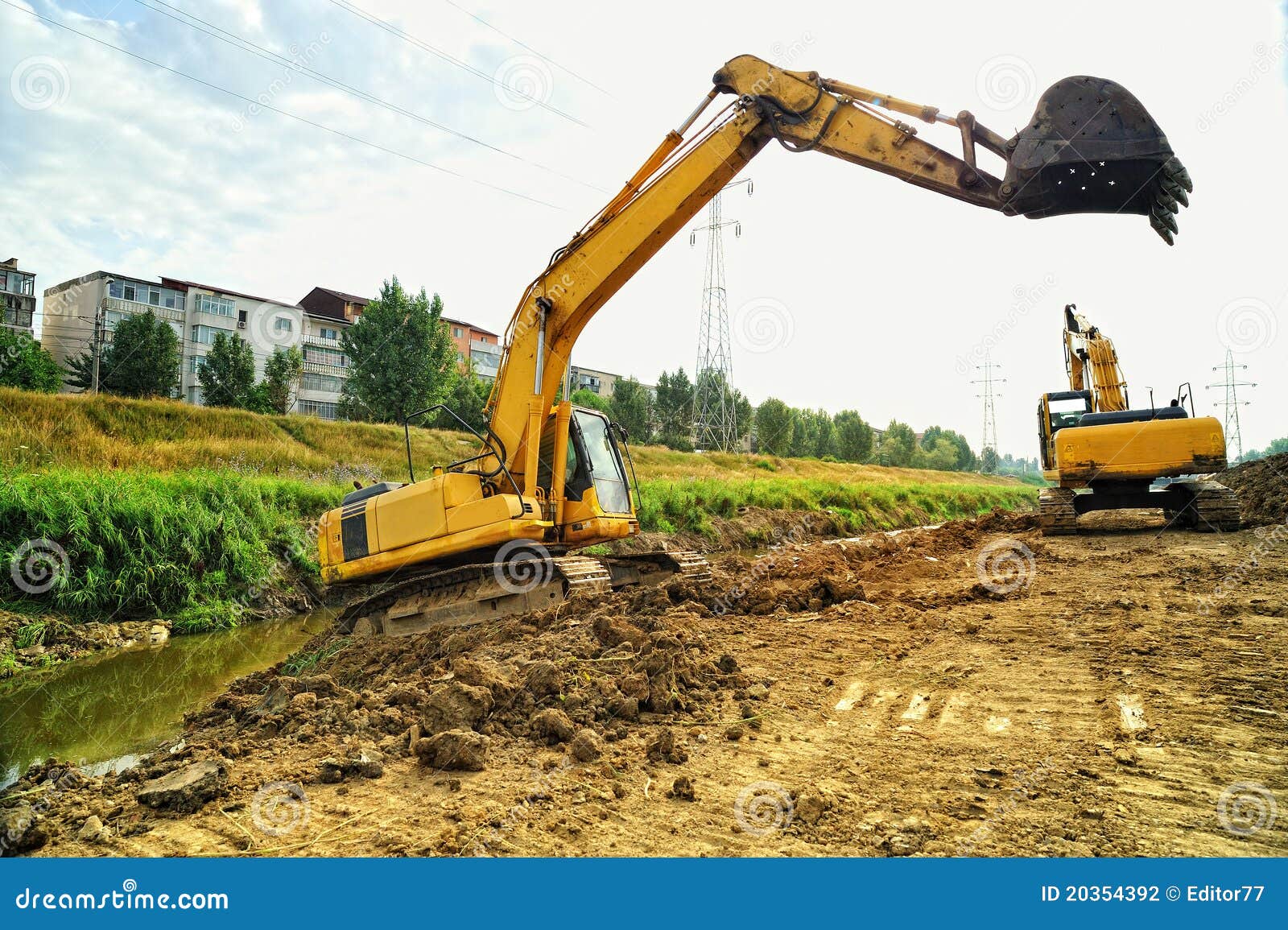 Excavators Cleaning the Riverbed Stock Photo - Image of construction ...