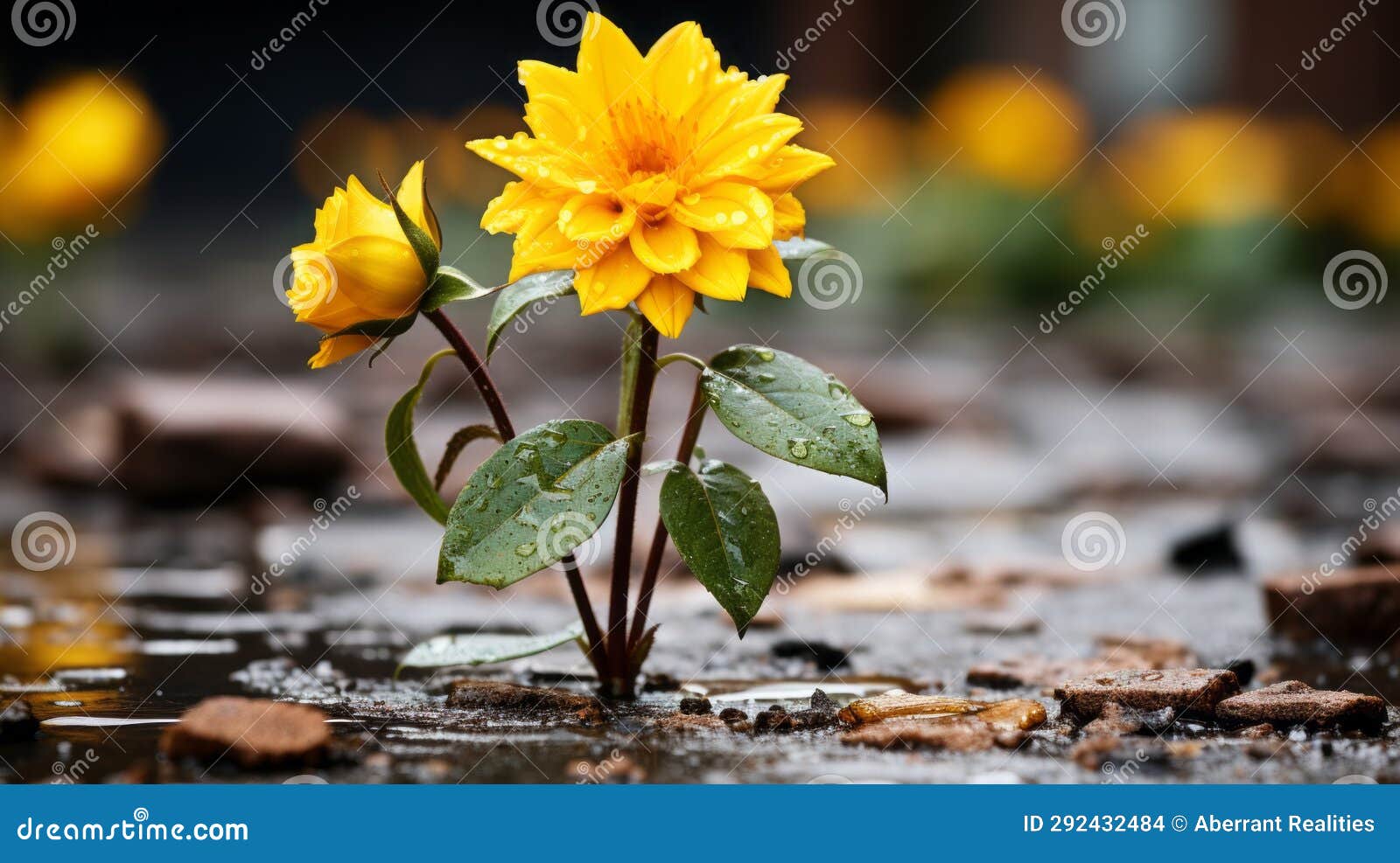 Two Yellow Flowers Growing Out of the Ground in a Puddle Stock ...